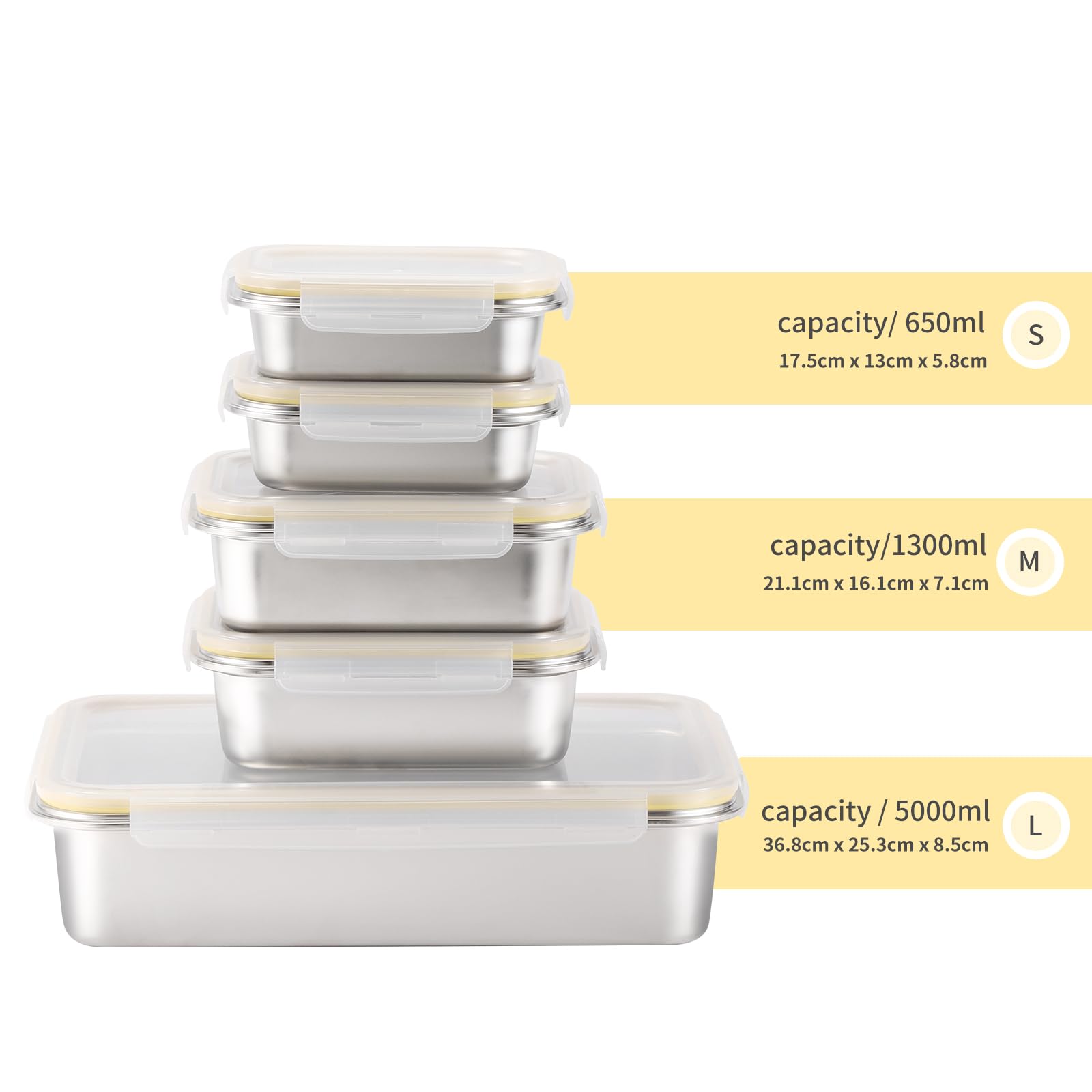 GEEJA 18/8 Stainless Steel Food Storage Containers, Meal Preparation Container Set, Baking Pan, Leak Proof Stackable Light and Easy Storage, Metal Set of 5 (2PC 21oz/2PC 43oz/1PC 169oz)
