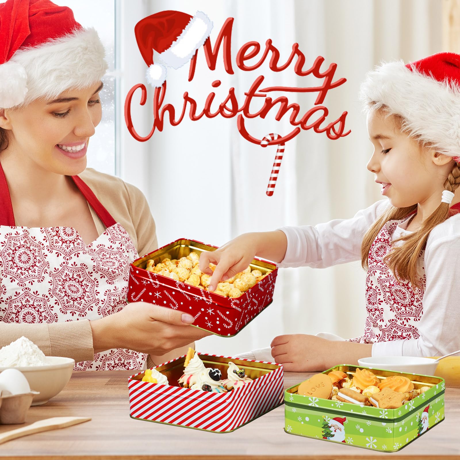 Tioncy 8 Pcs Christmas Cookie Tins with Lids Large Cookie Boxes Metal Empty Tins Santa Tinplate Xmas Gift Box for Christmas Holiday Candies Treats Storage Container