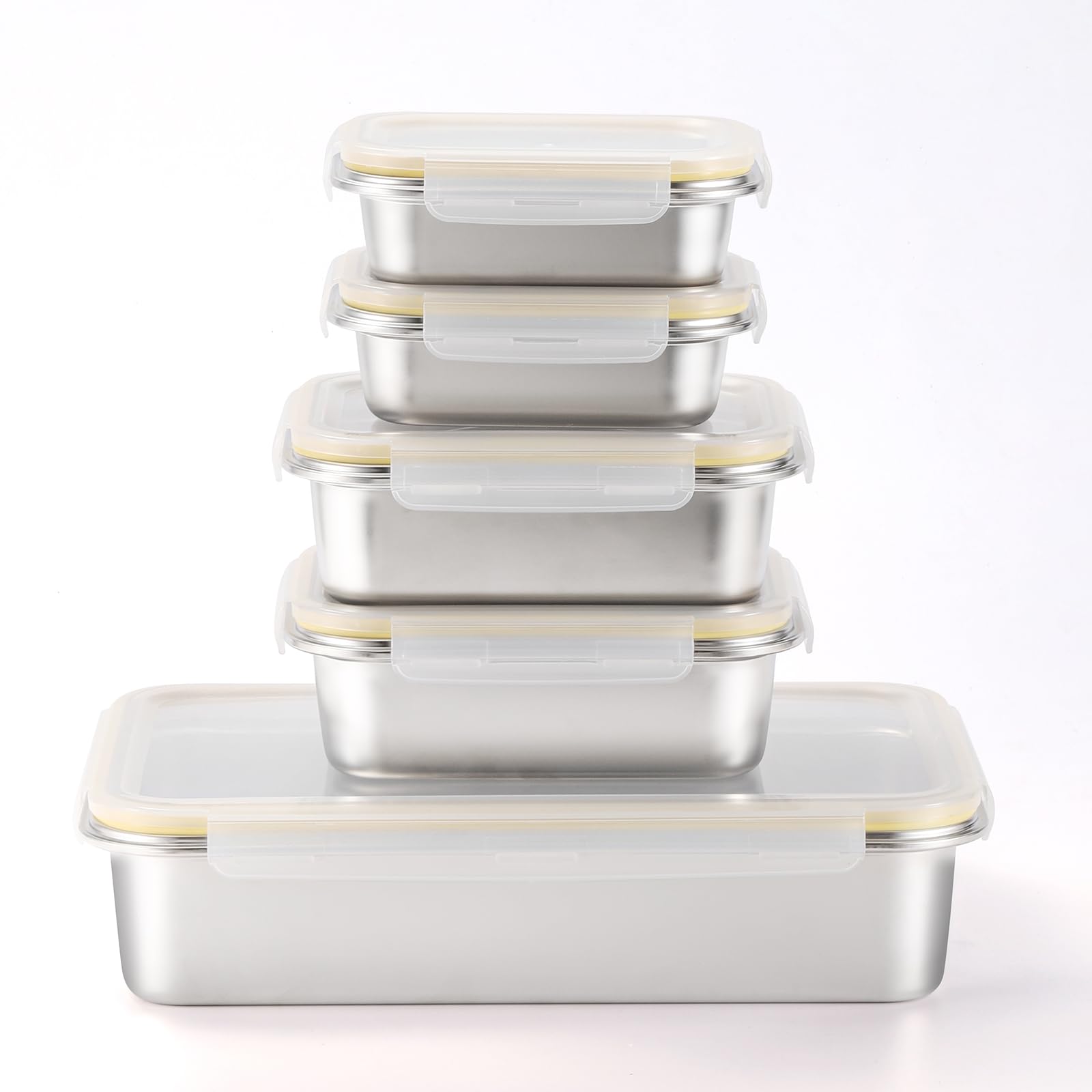 GEEJA 18/8 Stainless Steel Food Storage Containers, Meal Preparation Container Set, Baking Pan, Leak Proof Stackable Light and Easy Storage, Metal Set of 5 (2PC 21oz/2PC 43oz/1PC 169oz)