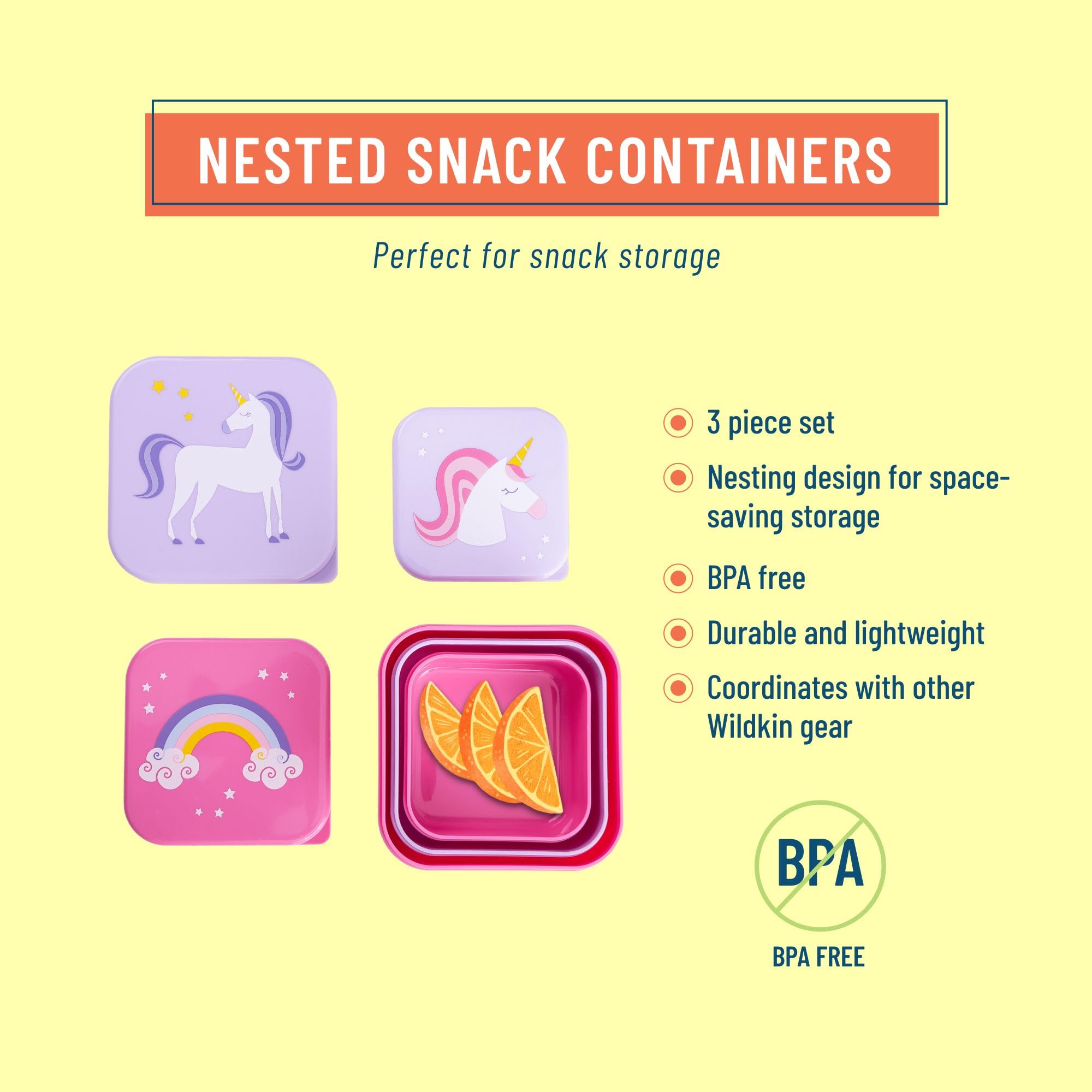Wildkin Nesting Food Containers for Kids β Stackable, Airtight & Dishwasher Safe - Set of 3 - Unicorn