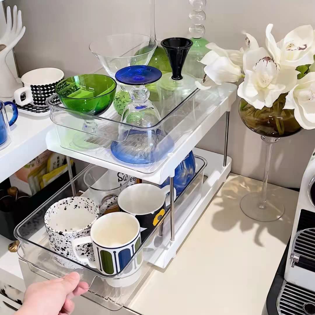 Hacaroa 2 Tier Sliding Basket Drawer Organizer with Handles, Pull Out Under Sink Organizer Shelf, Stackable Slide-out Storage Bins for Cabinet, Kitchen, Bathroom, Office, Clear
