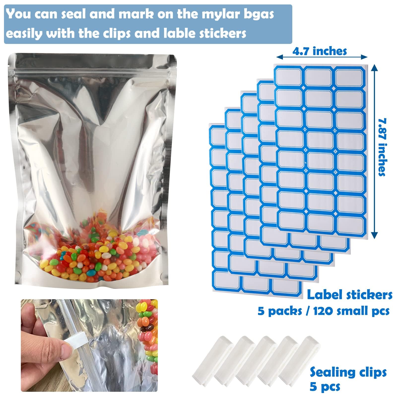 100-Pack Reclosable Large Mylar Bags for Food Storage 6.3" x 9.5" Stand Up Ziplock Pouch Bags Bulk Resealable Smell Proof Aluminum Silver Foil Bags with Clear Window Kitchen Storage Edible Packaging
