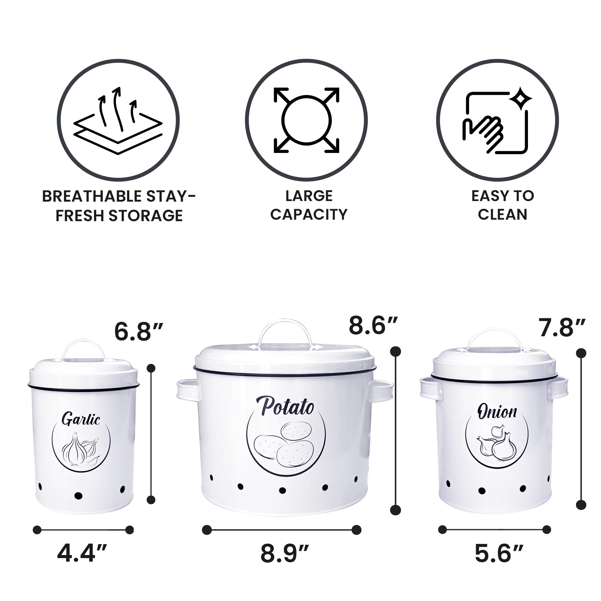 Wishful Home Potato storage | Onion & Potato Storage Container | Garlic, potato Keeper For Counter | Potato & Onion Storage Bin | potato onion garlic storage | 3 Metal Sets with Lid for Kitchen |White