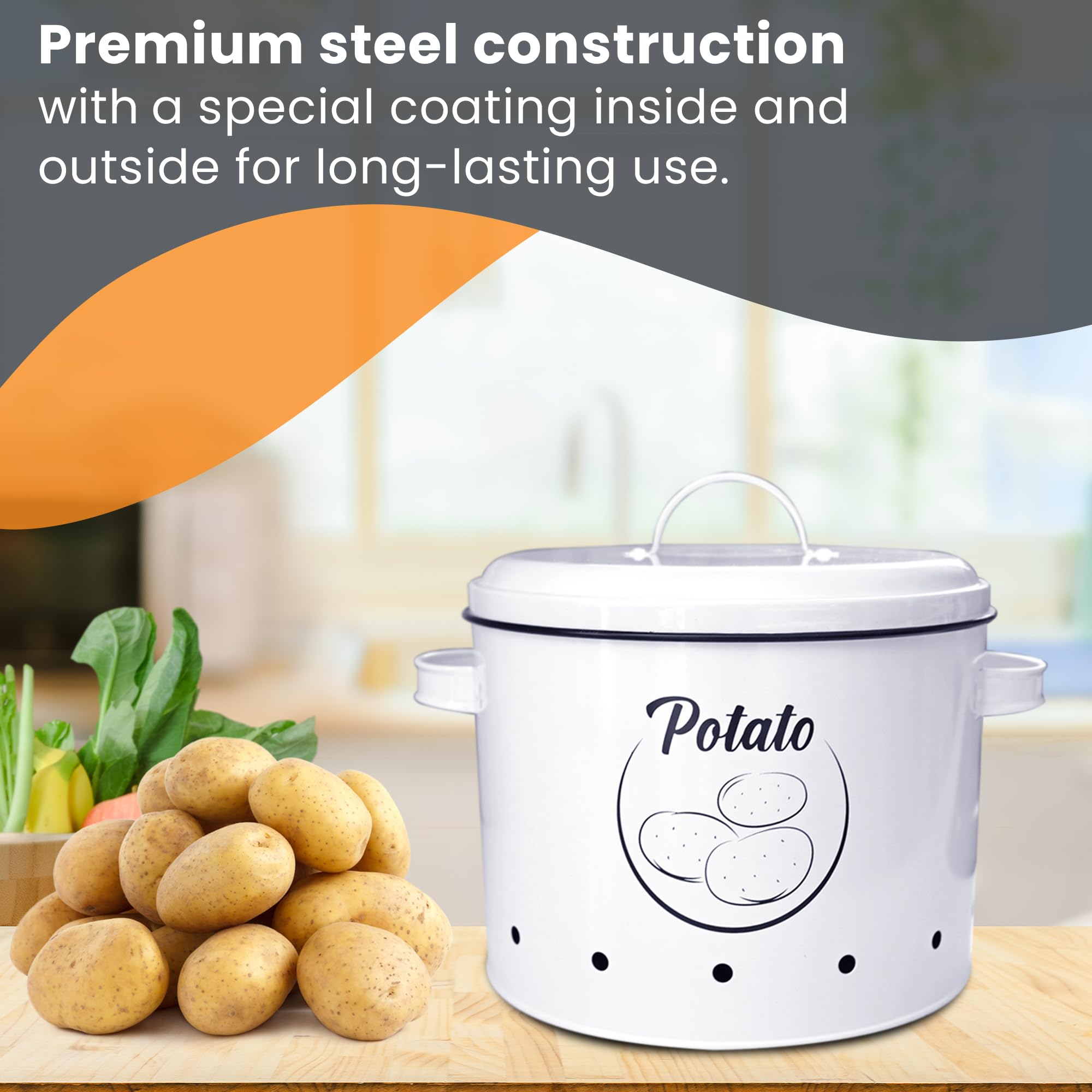 Wishful Home Potato storage | Onion & Potato Storage Container | Garlic, potato Keeper For Counter | Potato & Onion Storage Bin | potato onion garlic storage | 3 Metal Sets with Lid for Kitchen |White