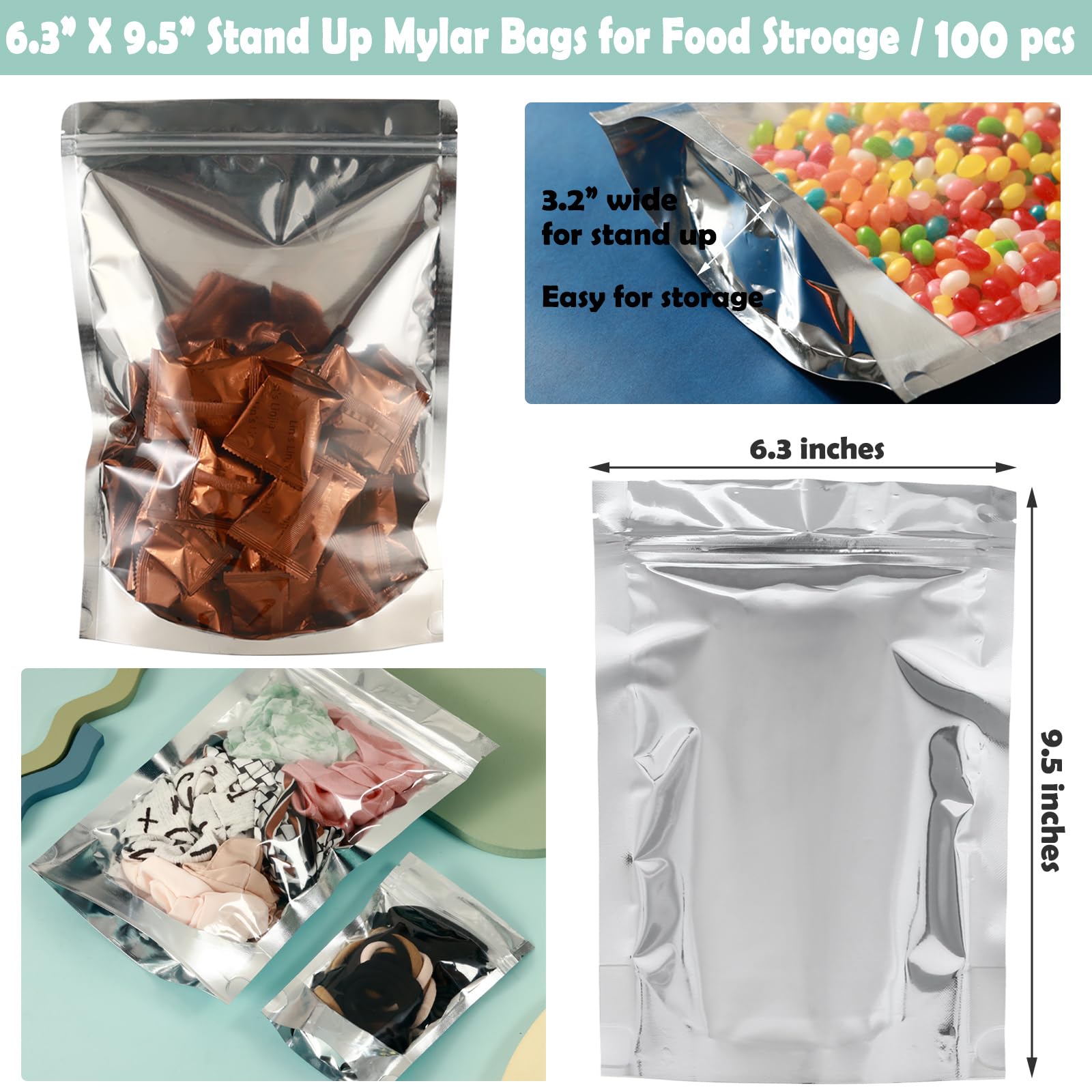 100-Pack Reclosable Large Mylar Bags for Food Storage 6.3" x 9.5" Stand Up Ziplock Pouch Bags Bulk Resealable Smell Proof Aluminum Silver Foil Bags with Clear Window Kitchen Storage Edible Packaging