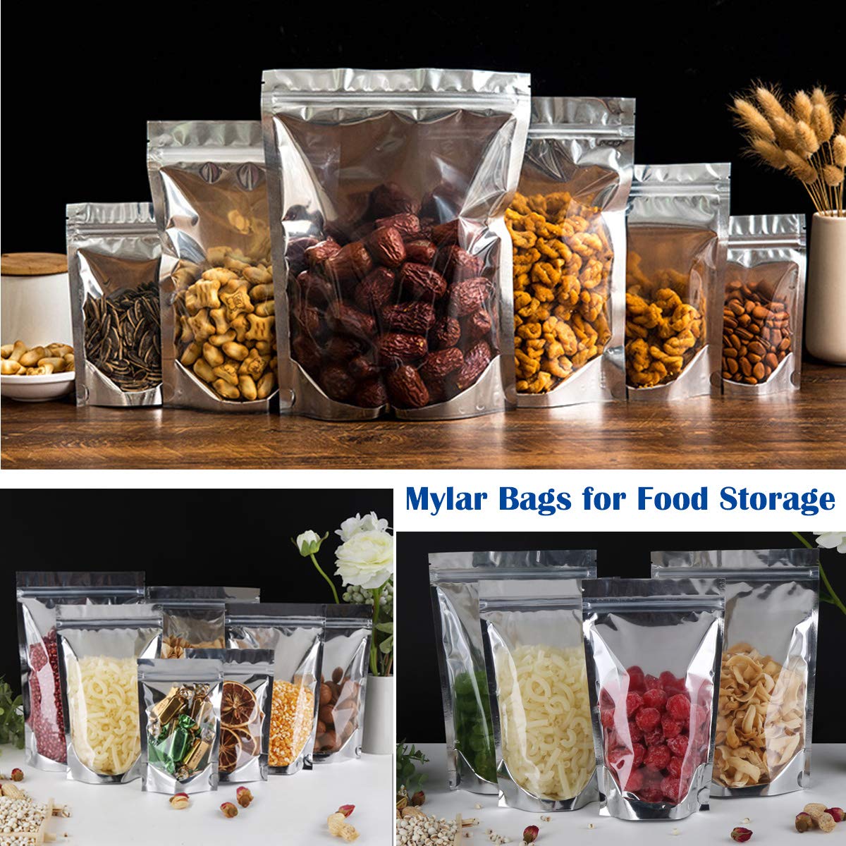 100-Pack Reclosable Large Mylar Bags for Food Storage 6.3" x 9.5" Stand Up Ziplock Pouch Bags Bulk Resealable Smell Proof Aluminum Silver Foil Bags with Clear Window Kitchen Storage Edible Packaging