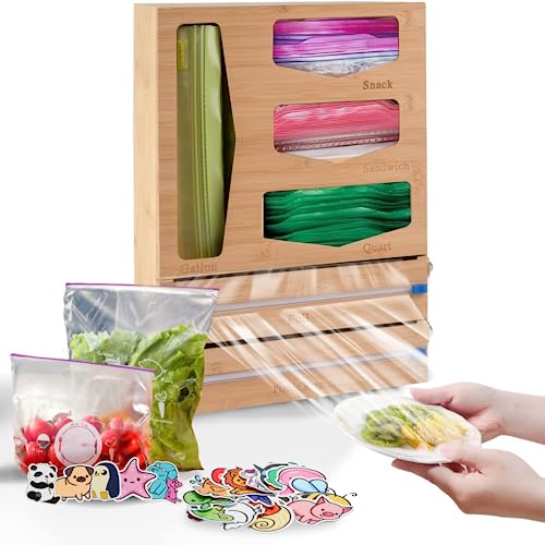 KitchenStamp Ziplock Bag Organizer for Drawer (Updated 2023), 6 in 1 Foil and Plastic Wrap Kitchen Organizers and Storage, Compatible with Ziplock, Glad, and Hefty Bags & 12” Aluminum Foil and Plastic Rolls (17.4 x 13.3 x 3.5)