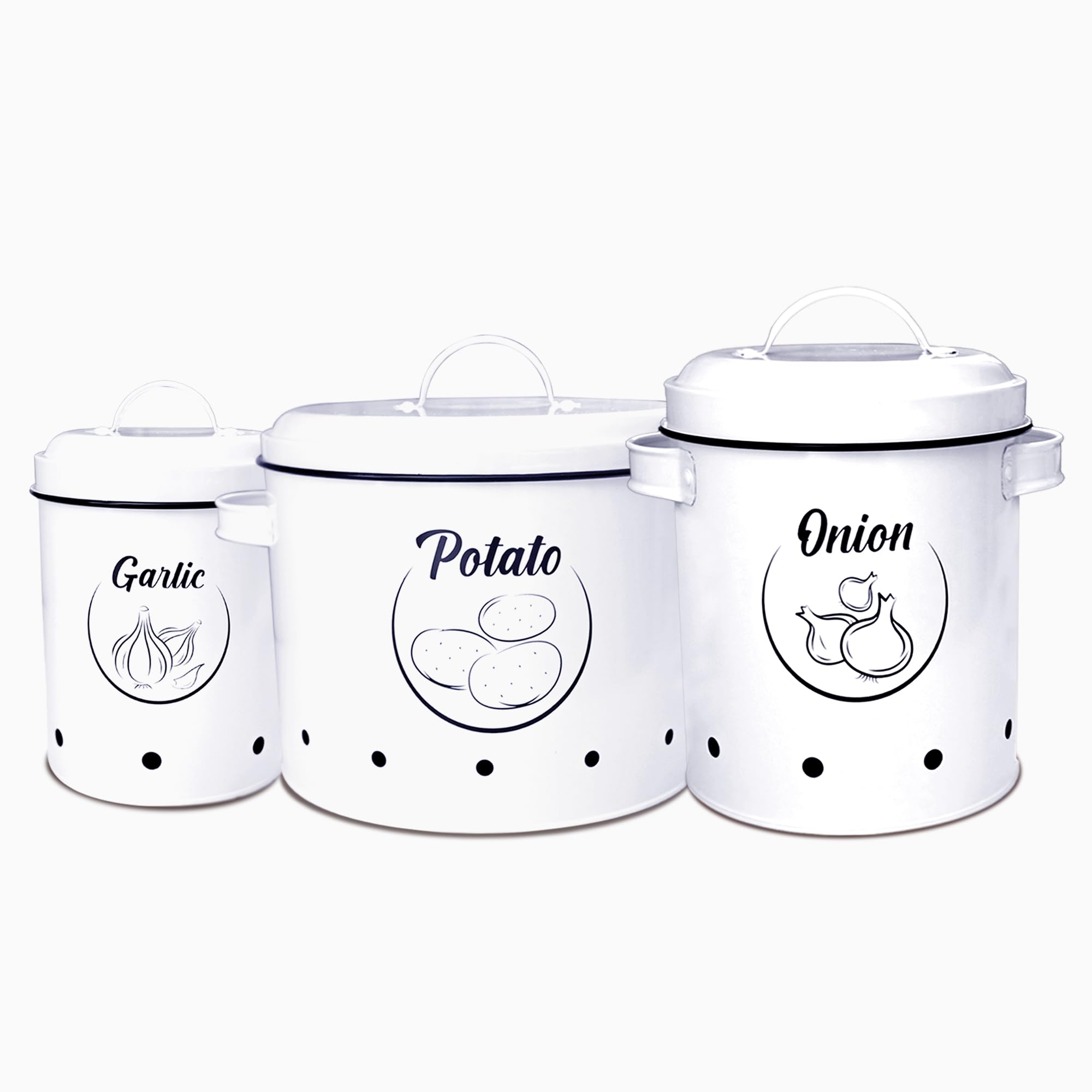 Wishful Home Potato storage | Onion & Potato Storage Container | Garlic, potato Keeper For Counter | Potato & Onion Storage Bin | potato onion garlic storage | 3 Metal Sets with Lid for Kitchen |White