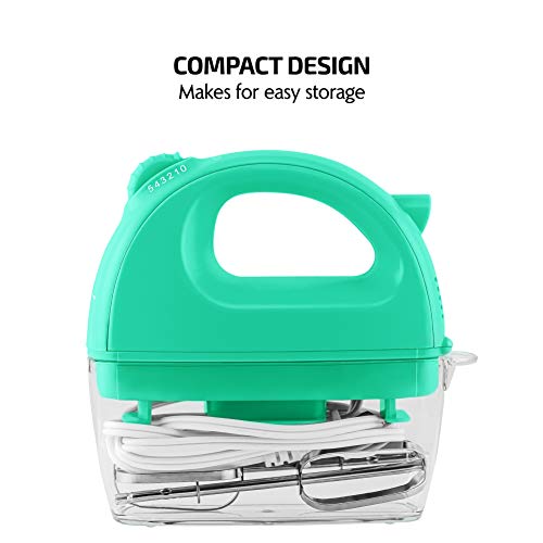 Ovente Portable Electric Hand Mixer 5 Speed Mixing, 150W Powerful Blender for Baking & Cooking with 2 Stainless Steel Chrome Beater Attachments & Snap Clear Case Compact Easy Storage, Turquoise HM161T