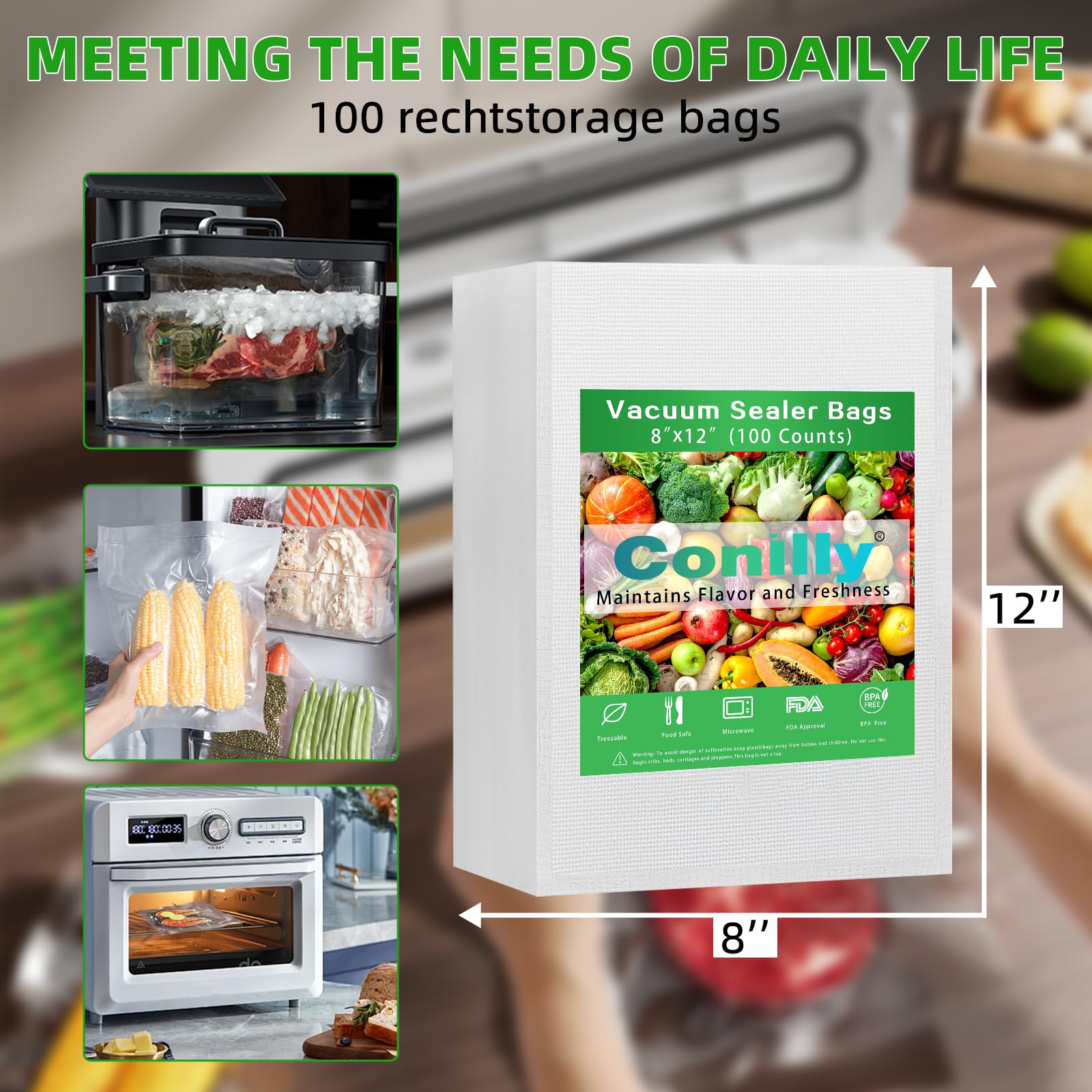 Conilly Vacuum Sealer Bags,100 Quart Size 8" X 12" Commercial Grade Sealer Bag, Bpa Free, Heavy Duty, Puncture Prevention, Great for Food Storage, Meal Prep or Sous Vide Cooking