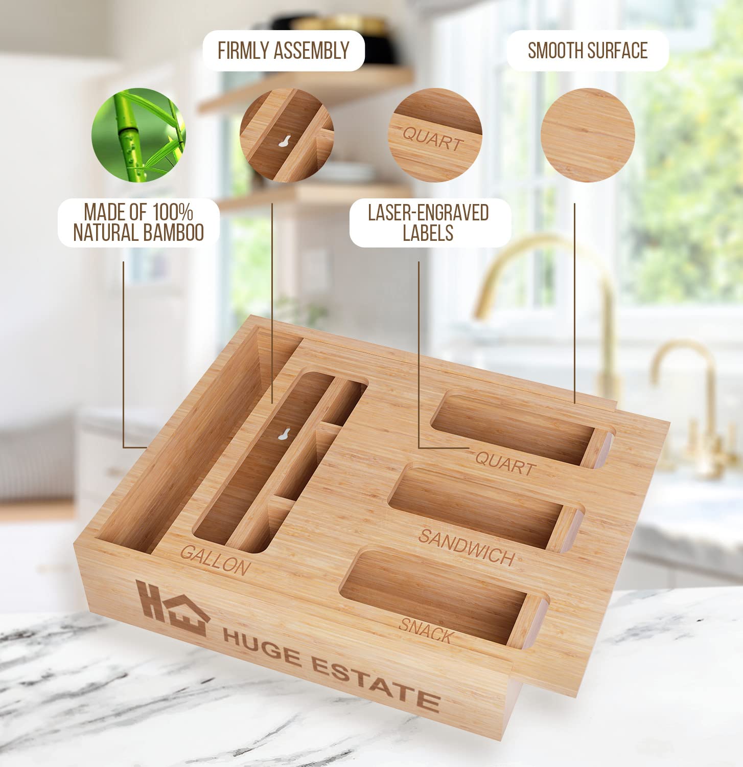 Bamboo Ziplock Bag Storage Organizer Baggie Holder for Drawer and Wall Kitchen Compatible with Solimo, Ziploc, Hefty, Glad for Gallon, Quart, Sandwich, Snack and Slider Bags by brand Huge Estate
