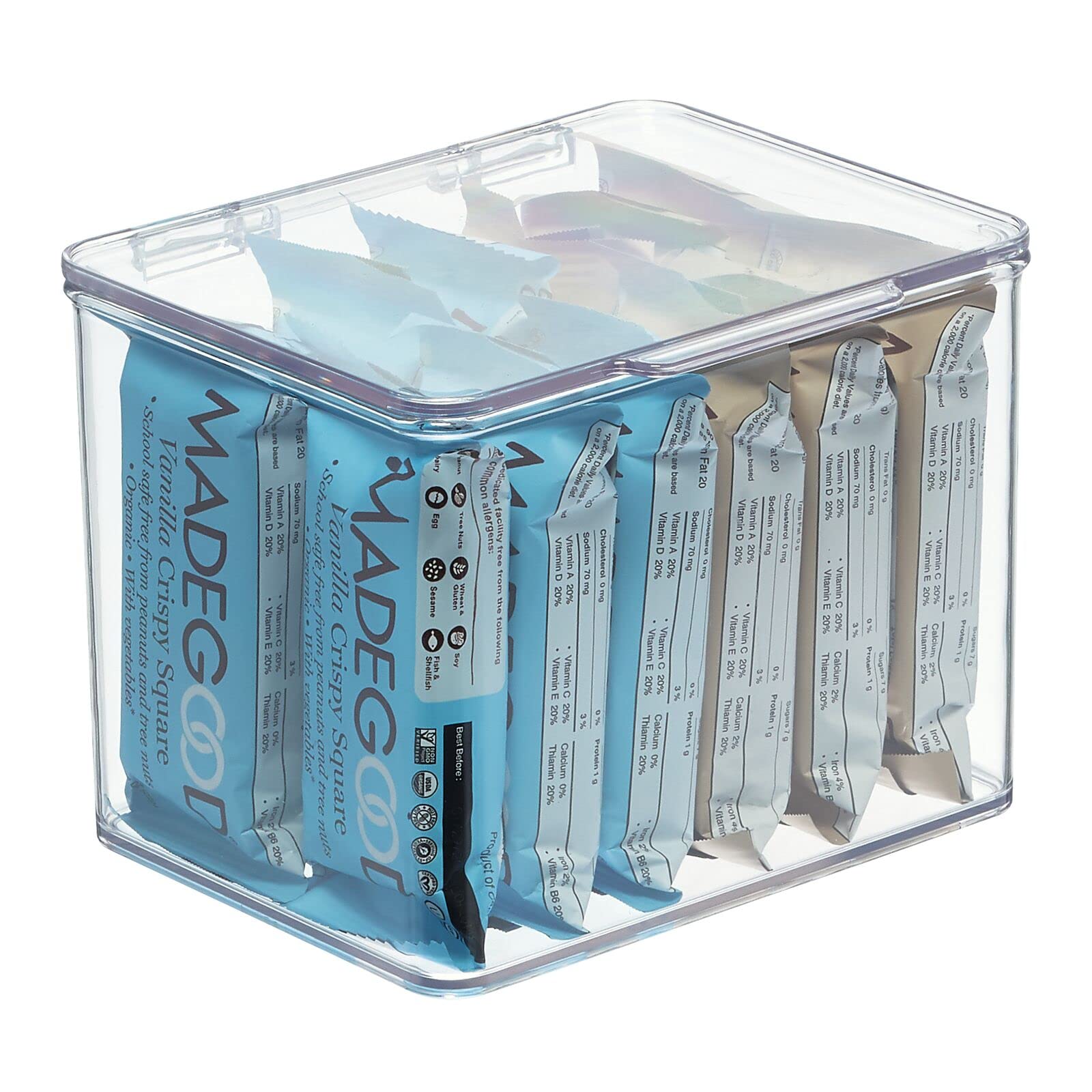 mDesign Plastic Kitchen Pantry and Fridge Storage Organizer Box Containers w/Hinged Lid for Shelves or Cabinets, Holds Food, Snacks, Seasoning, Condiments, Utensils, Lumiere Collection, 8 Pack, Clear