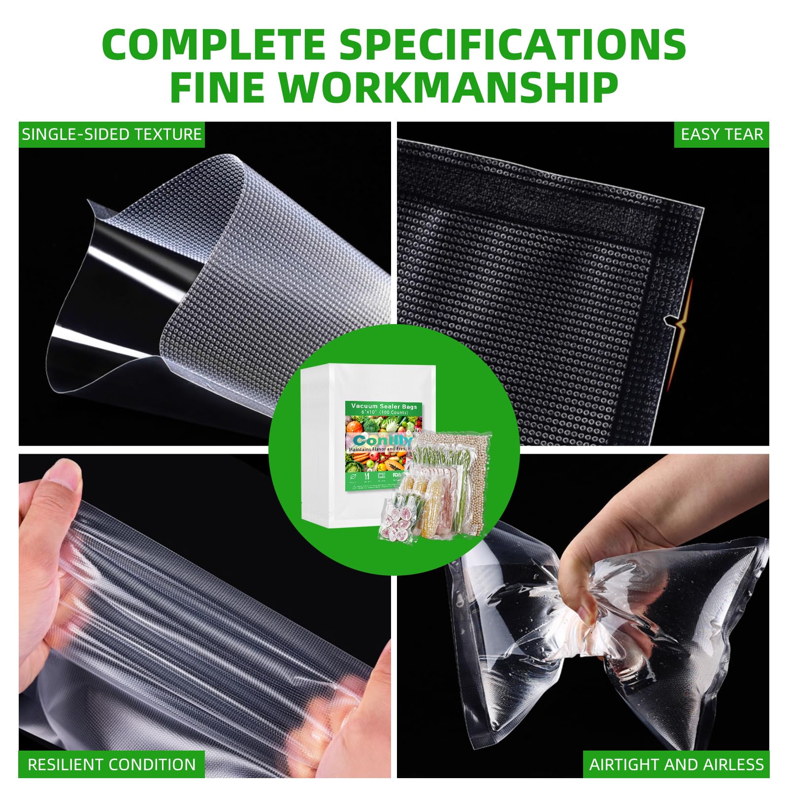 Conilly Vacuum Sealer Bags,100 Quart Size 8" X 12" Commercial Grade Sealer Bag, Bpa Free, Heavy Duty, Puncture Prevention, Great for Food Storage, Meal Prep or Sous Vide Cooking