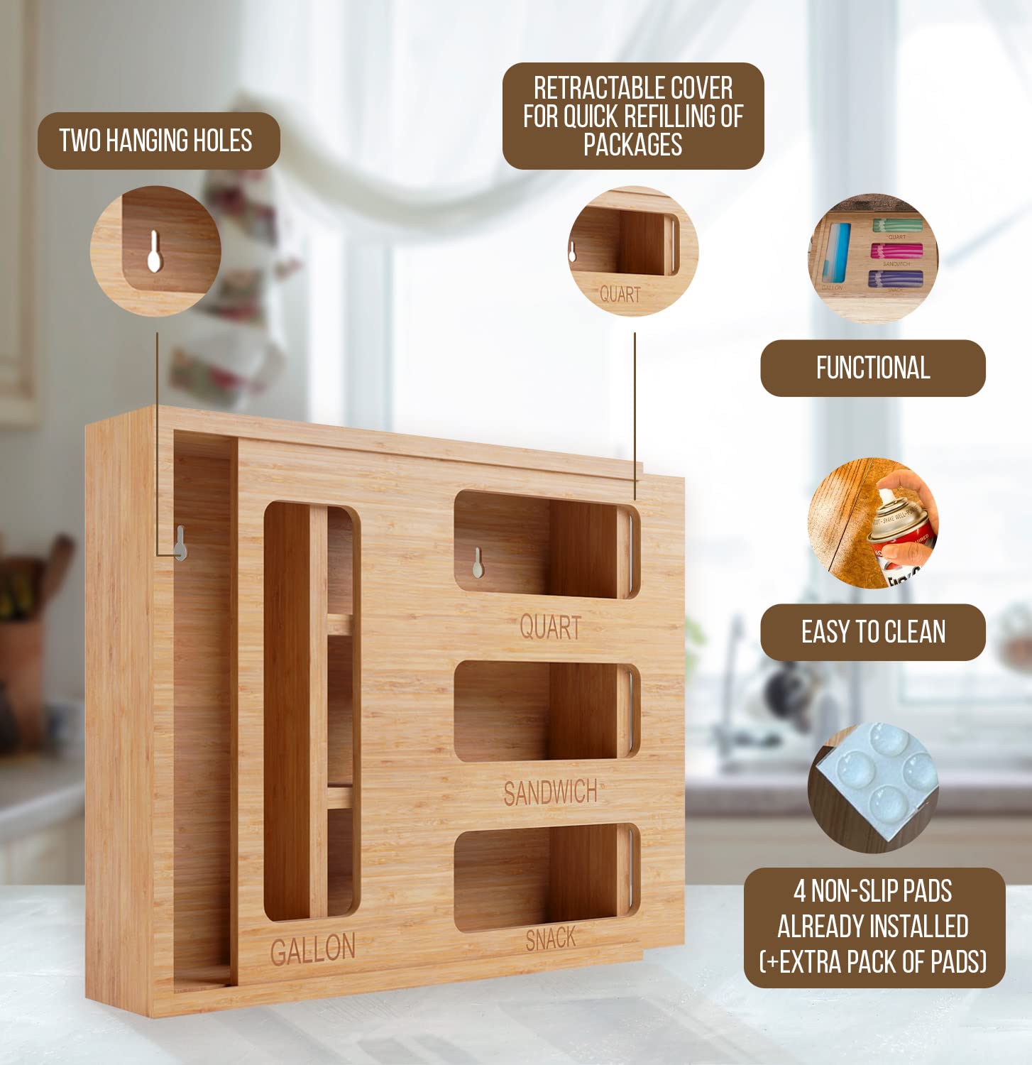 Bamboo Ziplock Bag Storage Organizer Baggie Holder for Drawer and Wall Kitchen Compatible with Solimo, Ziploc, Hefty, Glad for Gallon, Quart, Sandwich, Snack and Slider Bags by brand Huge Estate