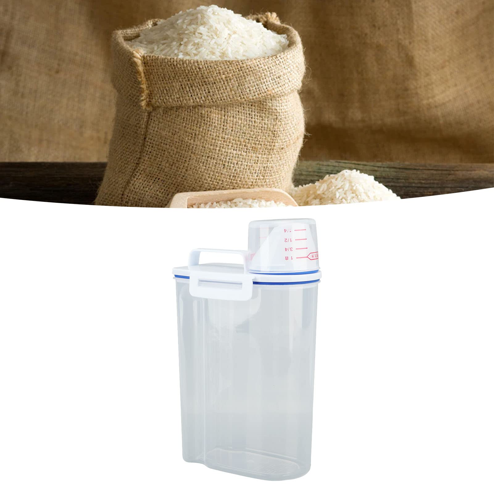 Rice Storage Container, Plastic Rice Dispenser Bin with Measuring Cup, Airtight Grain Dispenser with Claer Scale, Clear Kitchen Food Dispenser for Rice, Beans, Grains, Small Dry Food(2kg White)