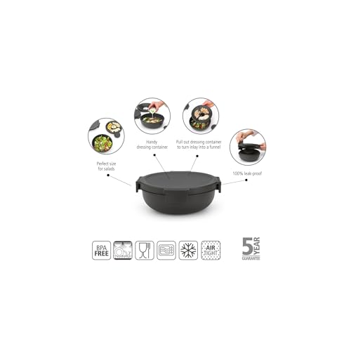 Brabantia Make & Take Salad Bowl with Removable Tray for Toppings & Dressings (Dark Gray) 100% Leakproof, Microwave & Freezer Safe Meal Prep Container
