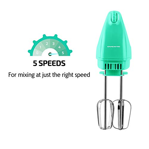 Ovente Portable Electric Hand Mixer 5 Speed Mixing, 150W Powerful Blender for Baking & Cooking with 2 Stainless Steel Chrome Beater Attachments & Snap Clear Case Compact Easy Storage, Turquoise HM161T