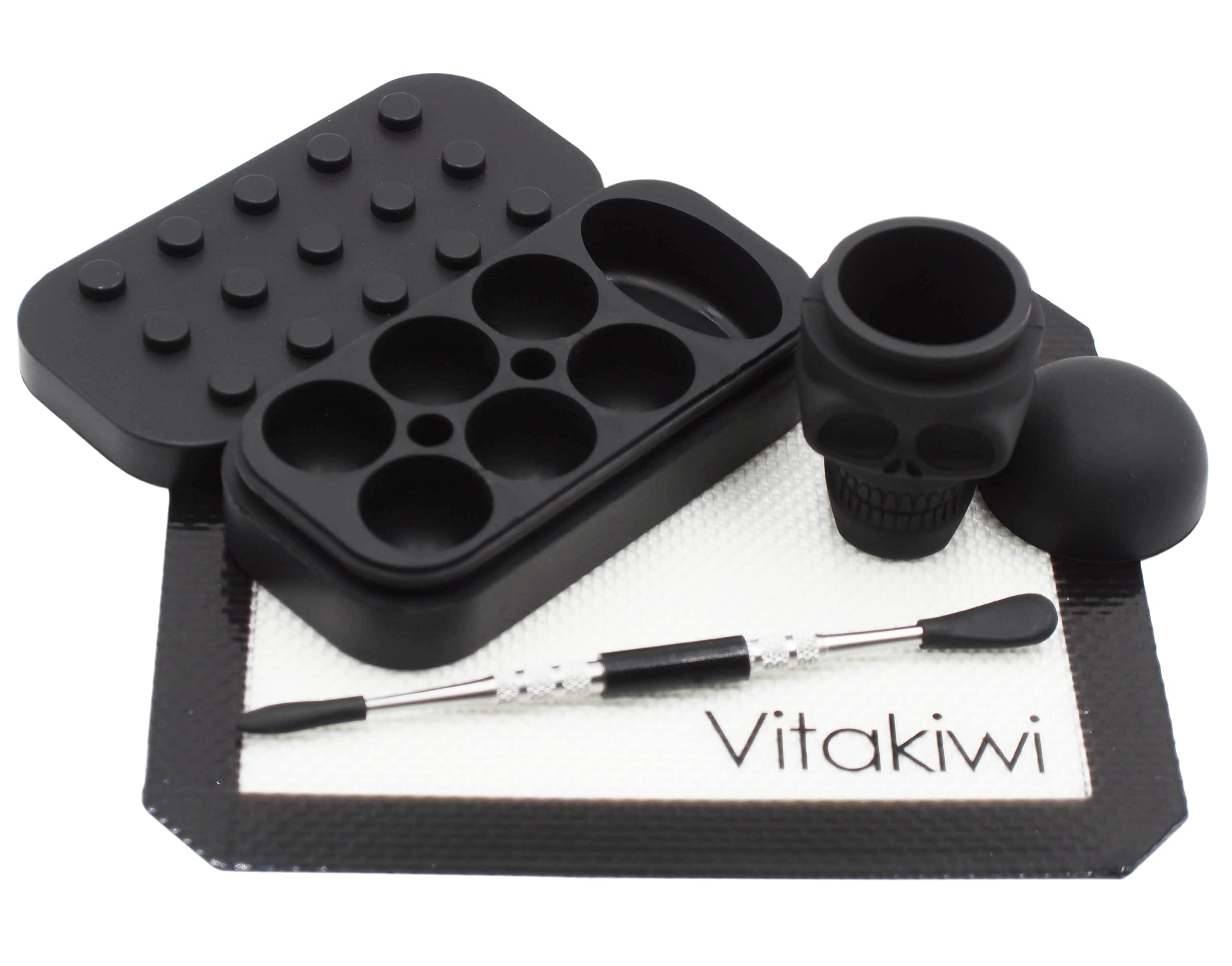 vitakiwi 34ml Silicone Wax Multi Compartment Containers 15ml Skull Jar For Wax Non-stick Multi Use (Black)