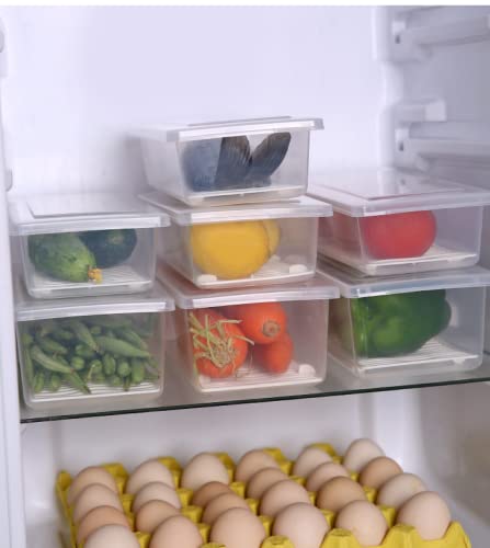 ninesung 8 Pieces Food Containers Storage For Fridge,1.5L Plastic Food Storage Containers With Removable Drain Plate and Lids, Refrigerator Organizer Bins Fruit Storage Containers For Fridge Storage