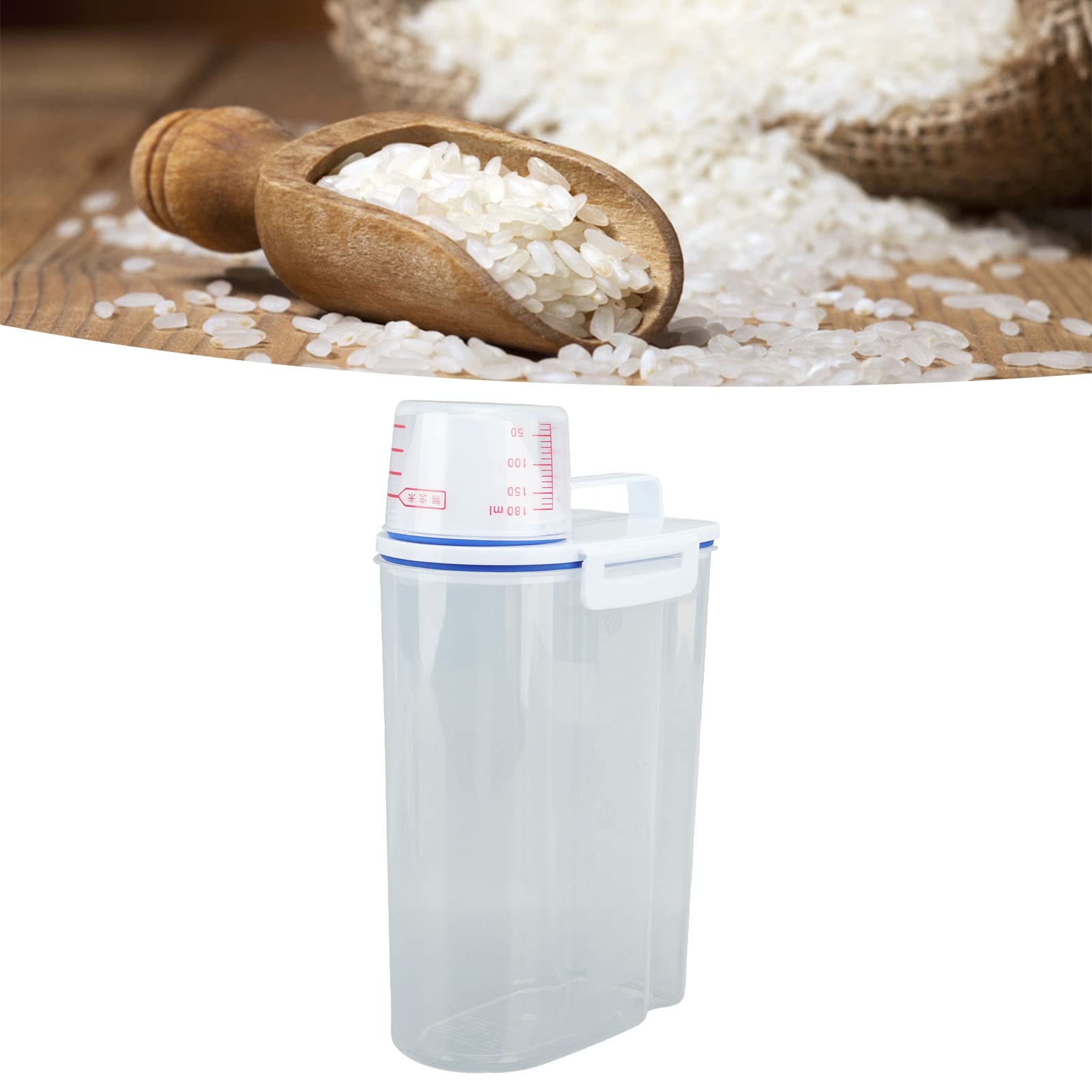 Rice Storage Container, Plastic Rice Dispenser Bin with Measuring Cup, Airtight Grain Dispenser with Claer Scale, Clear Kitchen Food Dispenser for Rice, Beans, Grains, Small Dry Food(2kg White)