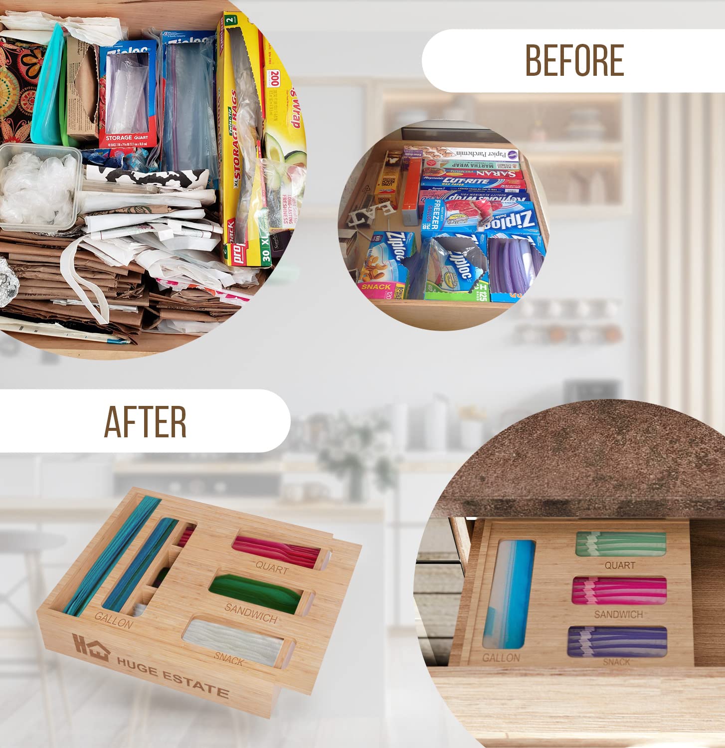 Bamboo Ziplock Bag Storage Organizer Baggie Holder for Drawer and Wall Kitchen Compatible with Solimo, Ziploc, Hefty, Glad for Gallon, Quart, Sandwich, Snack and Slider Bags by brand Huge Estate