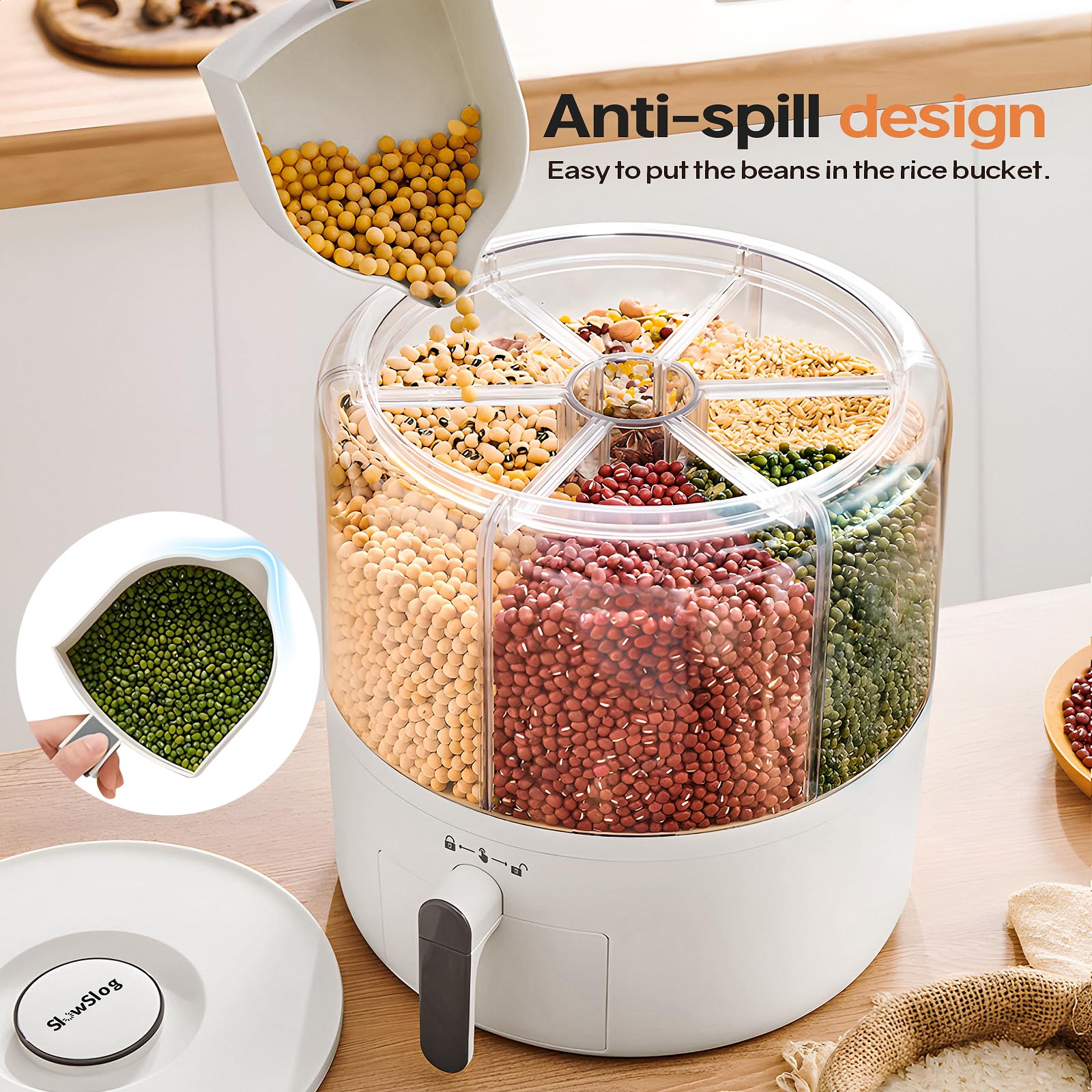 Slow Slog 16lb Grain and Rice Storage Container, 6 Grid Grain Dispenser, 360° Rotating Food Dispenser, Airtight Storage, Rice Dispenser, Upgrade 6 Compartment Rotating Rice Dispenser Storage Container