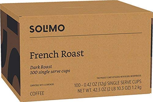 Amazon Brand - 100 Ct. Solimo Dark Roast Coffee Pods, French Roast, Compatible with Keurig 2.0 K-Cup Brewers