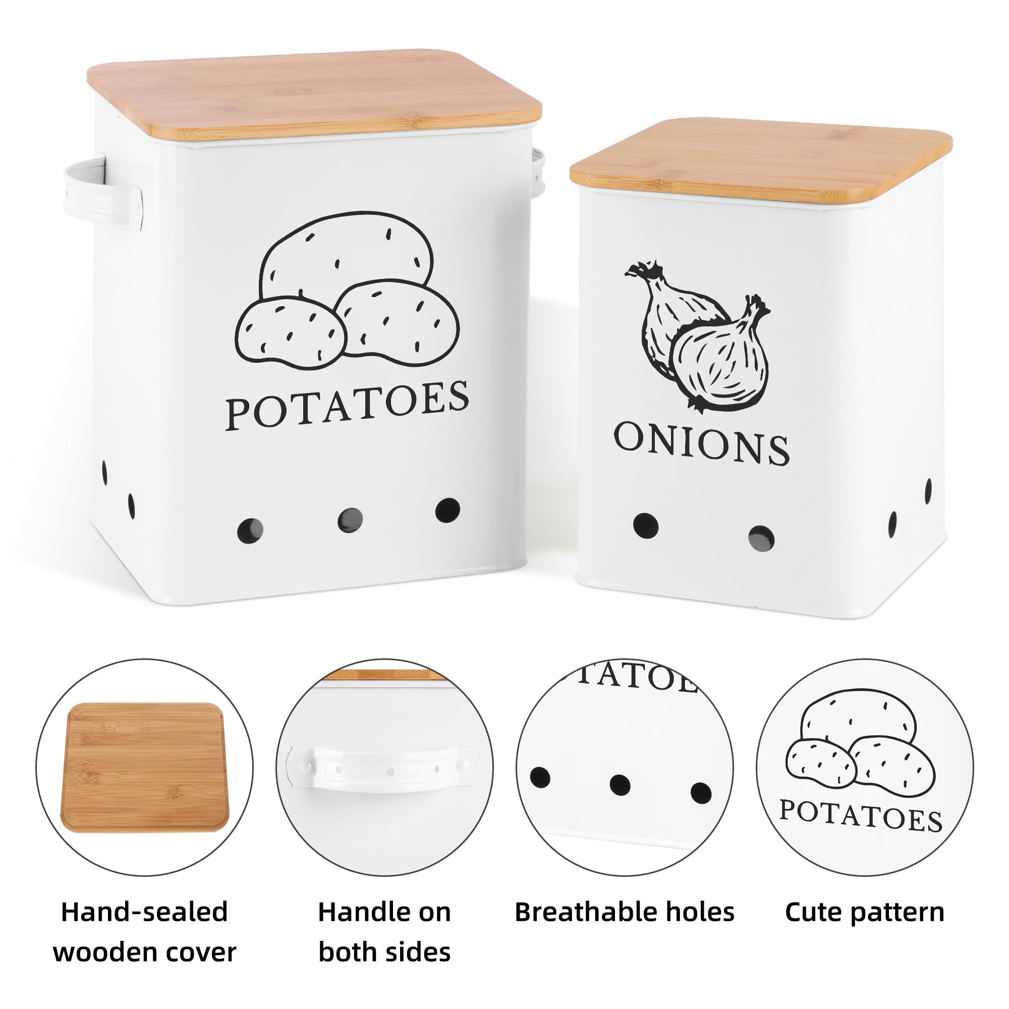 Candco Set of 2 White Vegetable Storage Tins with Wooden Lids for Potatoes, Onions, and Garlic - Long Shelf Life and Convenience