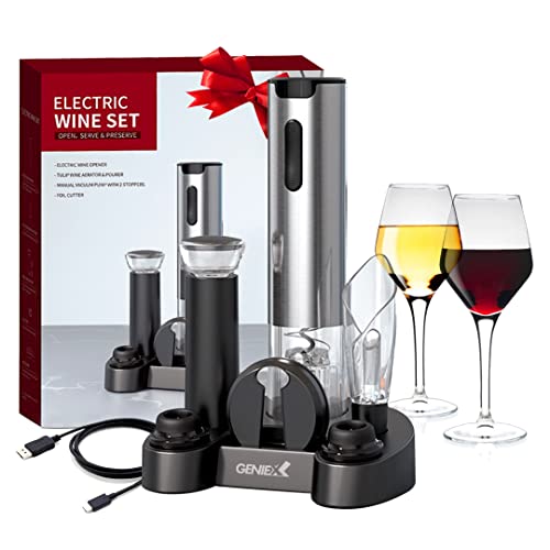 GenieX Electric Wine Opener with charging base, Automatic Wine Opener Electric Corkscrew. 7-in-1 wine accessories, USB-C charging, Cool Kitchen Gadgets, Deluxe gifts for wine lovers, housewarming gift