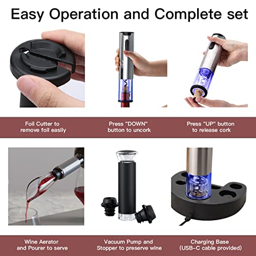 GenieX Electric Wine Opener with charging base, Automatic Wine Opener Electric Corkscrew. 7-in-1 wine accessories, USB-C charging, Cool Kitchen Gadgets, Deluxe gifts for wine lovers, housewarming gift