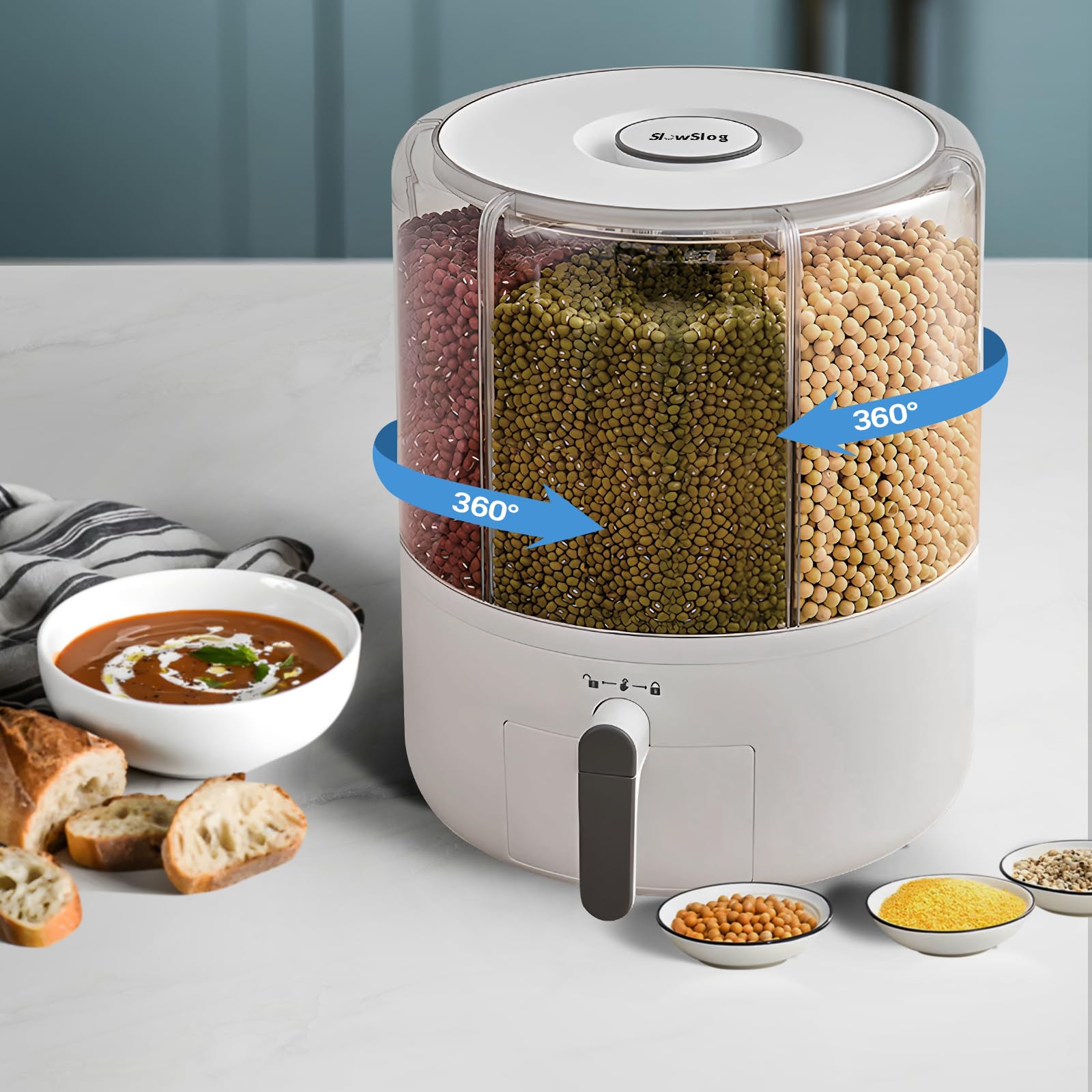 Slow Slog 16lb Grain and Rice Storage Container, 6 Grid Grain Dispenser, 360° Rotating Food Dispenser, Airtight Storage, Rice Dispenser, Upgrade 6 Compartment Rotating Rice Dispenser Storage Container