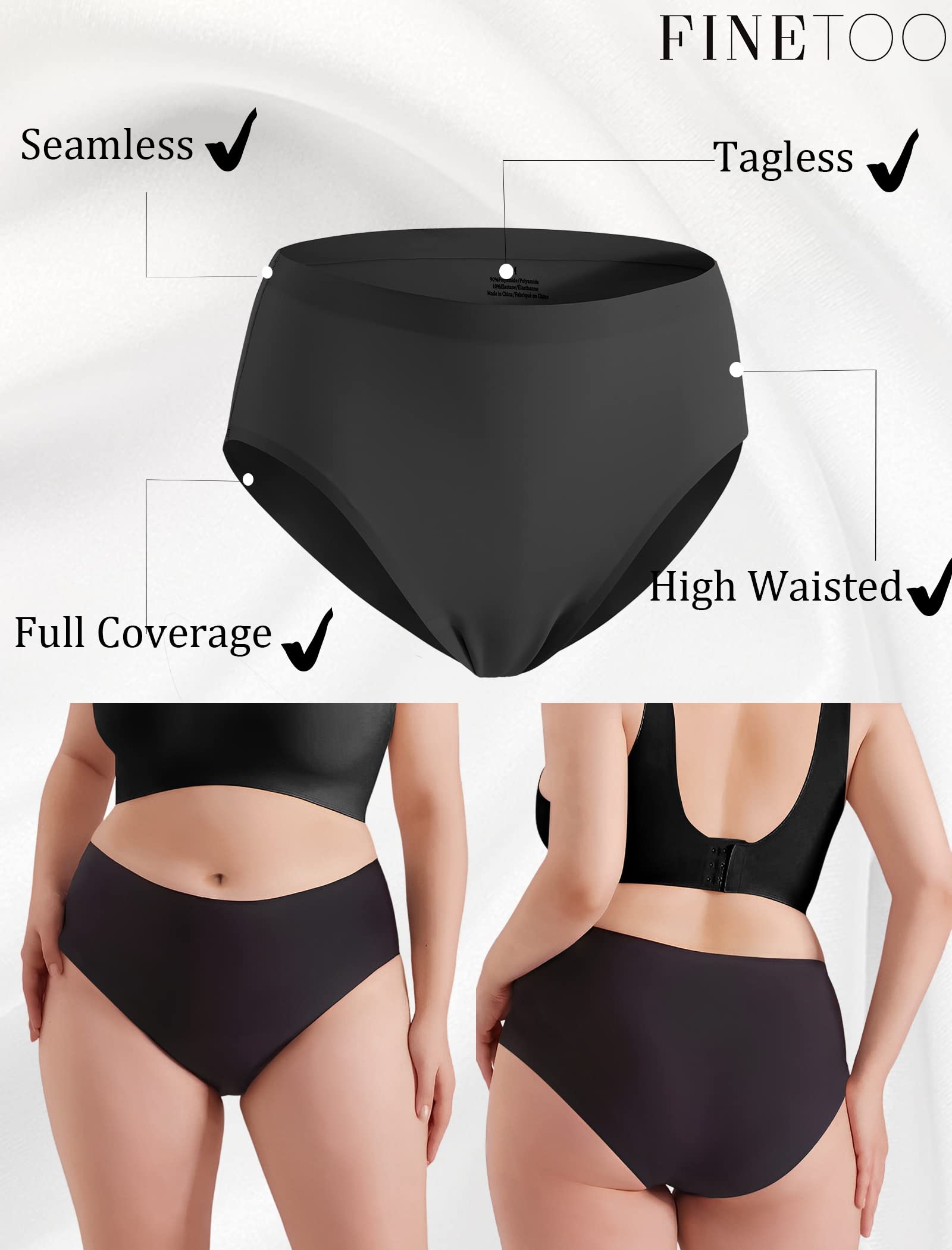 FINETOO Women's High Waisted Seamless Underwear Full Coverage Brief Ladies No Show Panties Sexy Lingerie Regular&Plus Size(L)