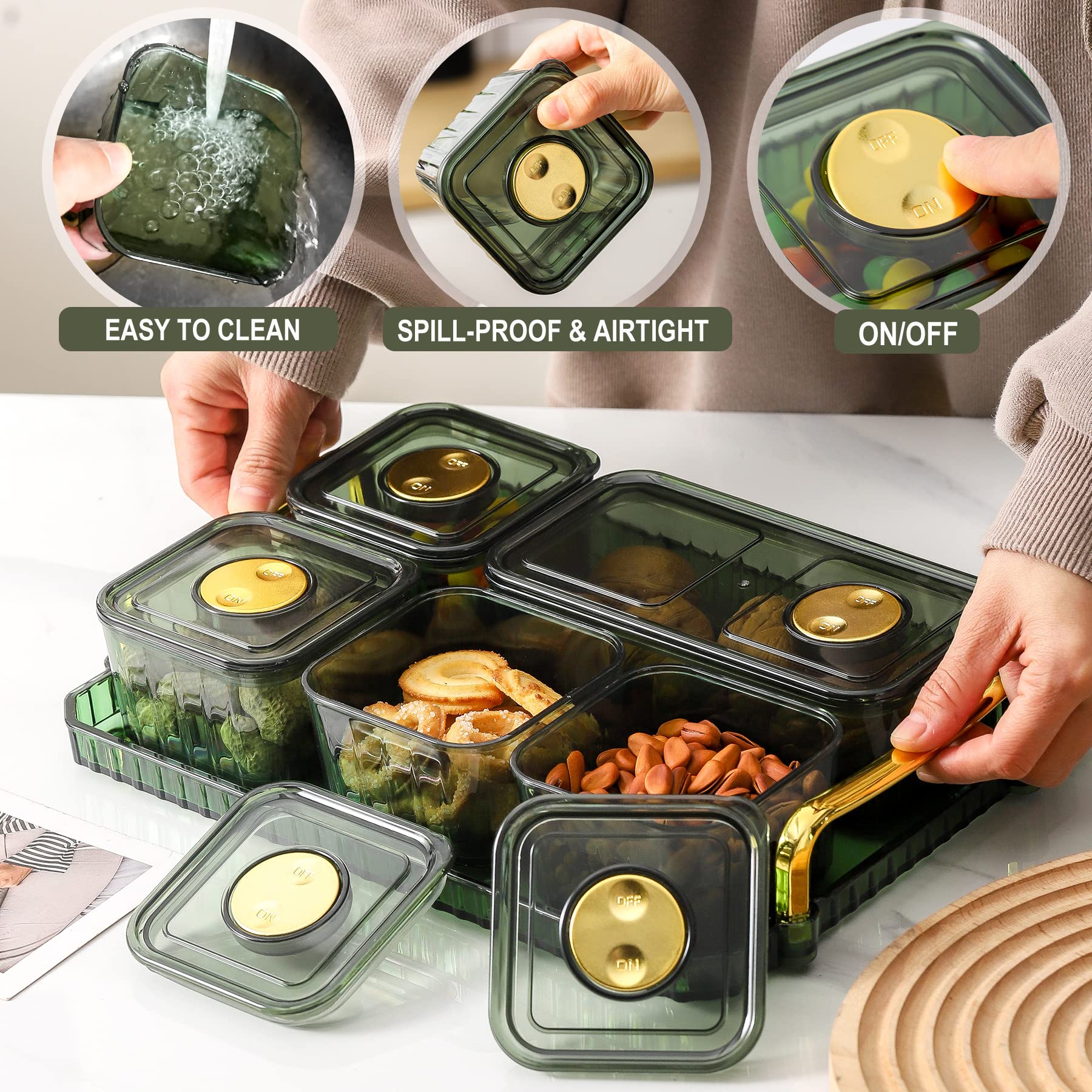 BFU split sealed snack box, covered dried fruit tray, Candy food storage box, split tray, 5 independent snack boxes, cooked food containers, 12 inches