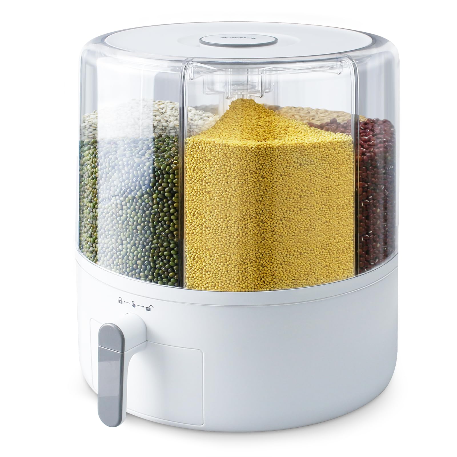 Slow Slog 16lb Grain and Rice Storage Container, 6 Grid Grain Dispenser, 360° Rotating Food Dispenser, Airtight Storage, Rice Dispenser, Upgrade 6 Compartment Rotating Rice Dispenser Storage Container