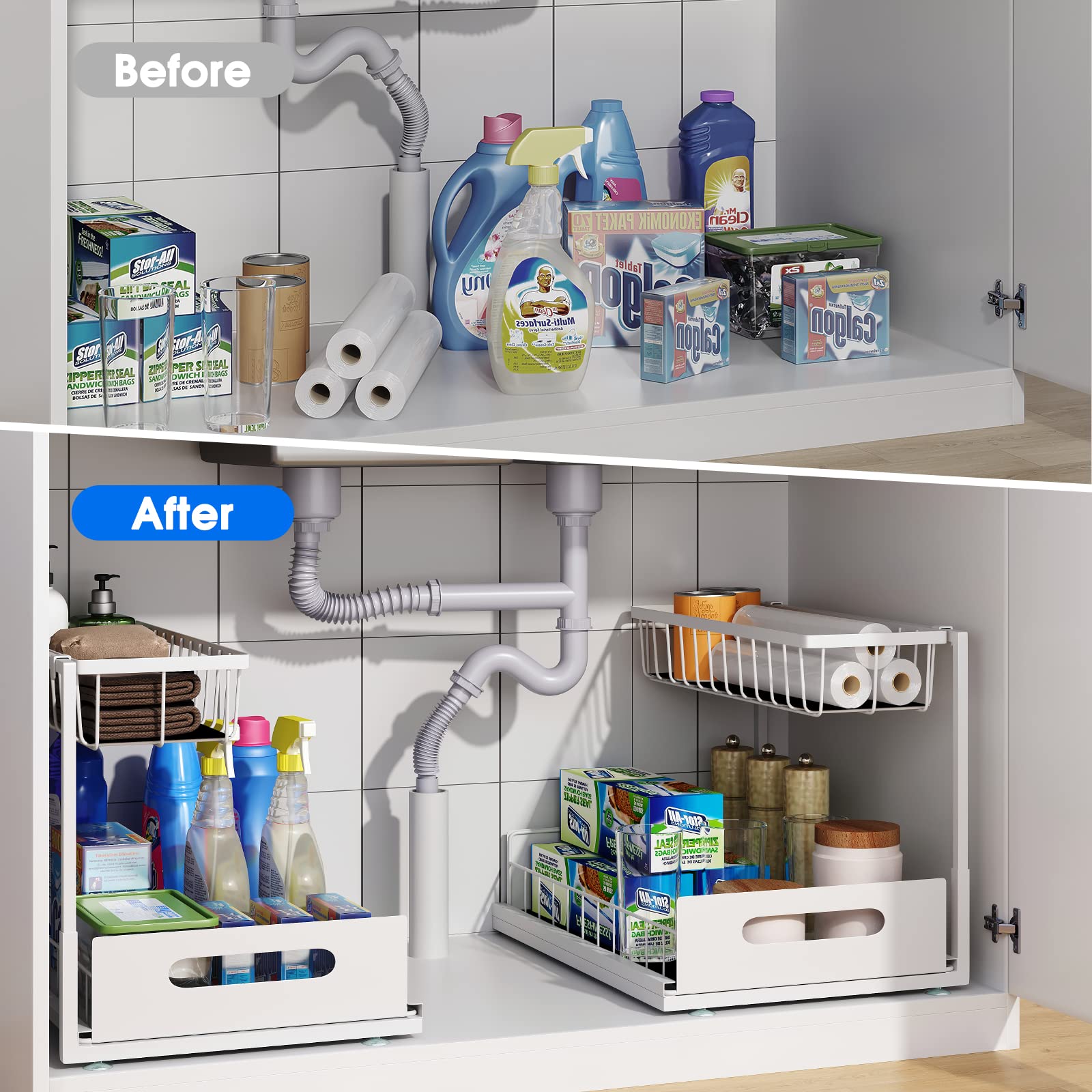 UINOFLE Under Sink Organizers and Storage, 2 Tier Sliding Cabinet Basket Organizer Drawer Pull Out Cabinet Organizer Multi-Purpose Under Sink Organizer for Bathroom Kitchen (White)
