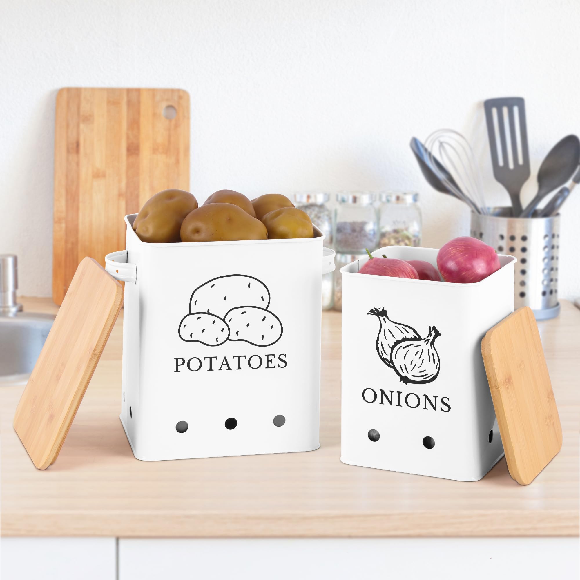 Candco Set of 2 White Vegetable Storage Tins with Wooden Lids for Potatoes, Onions, and Garlic - Long Shelf Life and Convenience