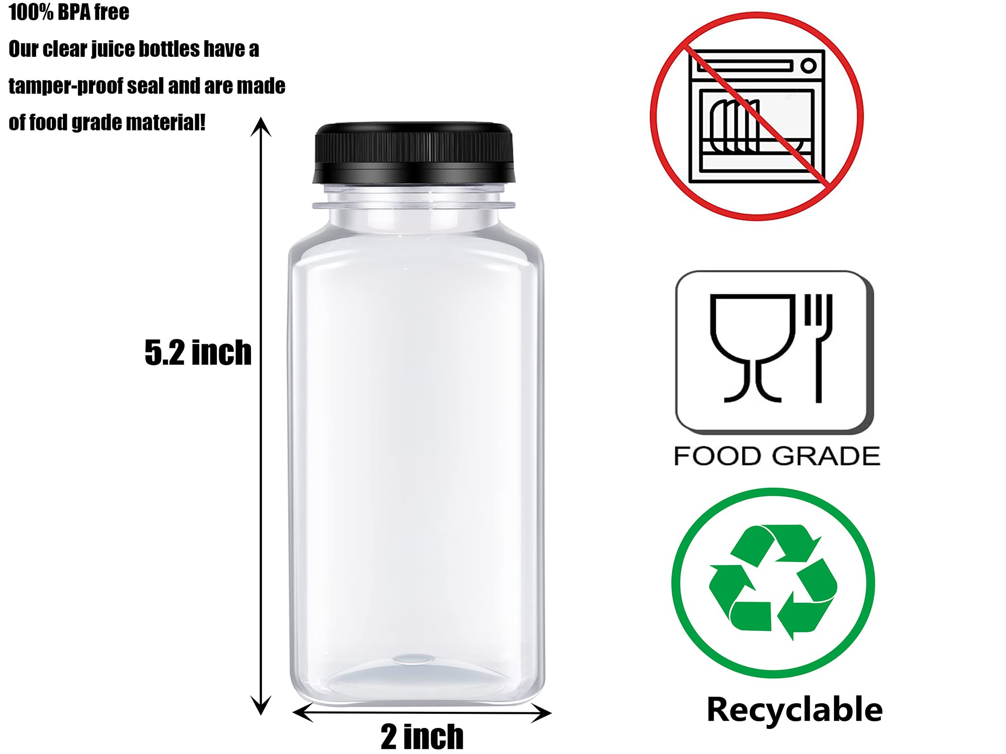 4 Pcs Plastic Juice Bottle, Reusable Drink Containers, For Juice, Milk, Smoothie And Other Drinks, With Black Lid, 8 OZ.