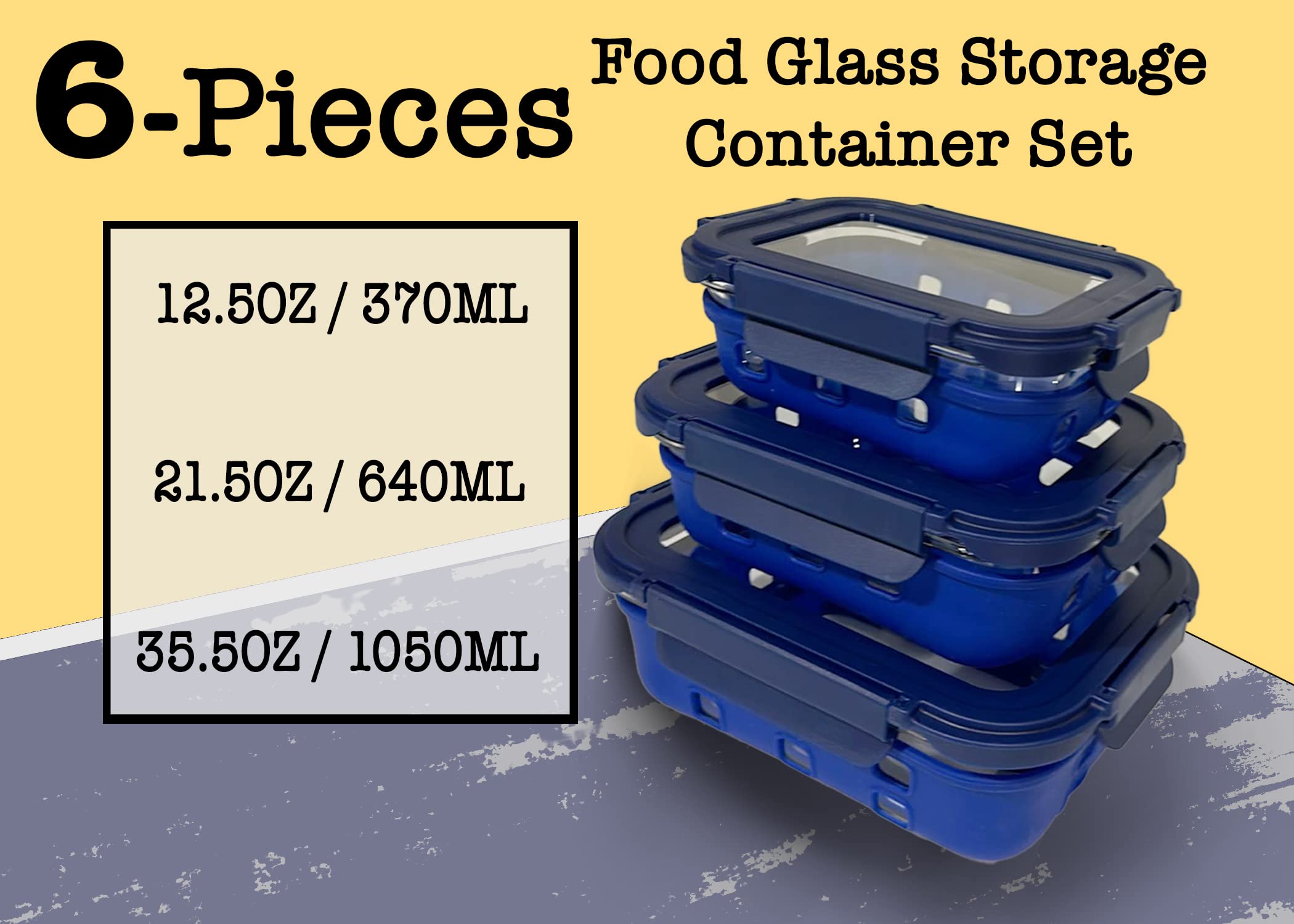VINGO Glass Food Storage Container with Silicone Sleeve and Leak Proof Airtight Lids, Rectangular shape - 6 Pc Set (3 Containers - 3 Matching Lids) Blue