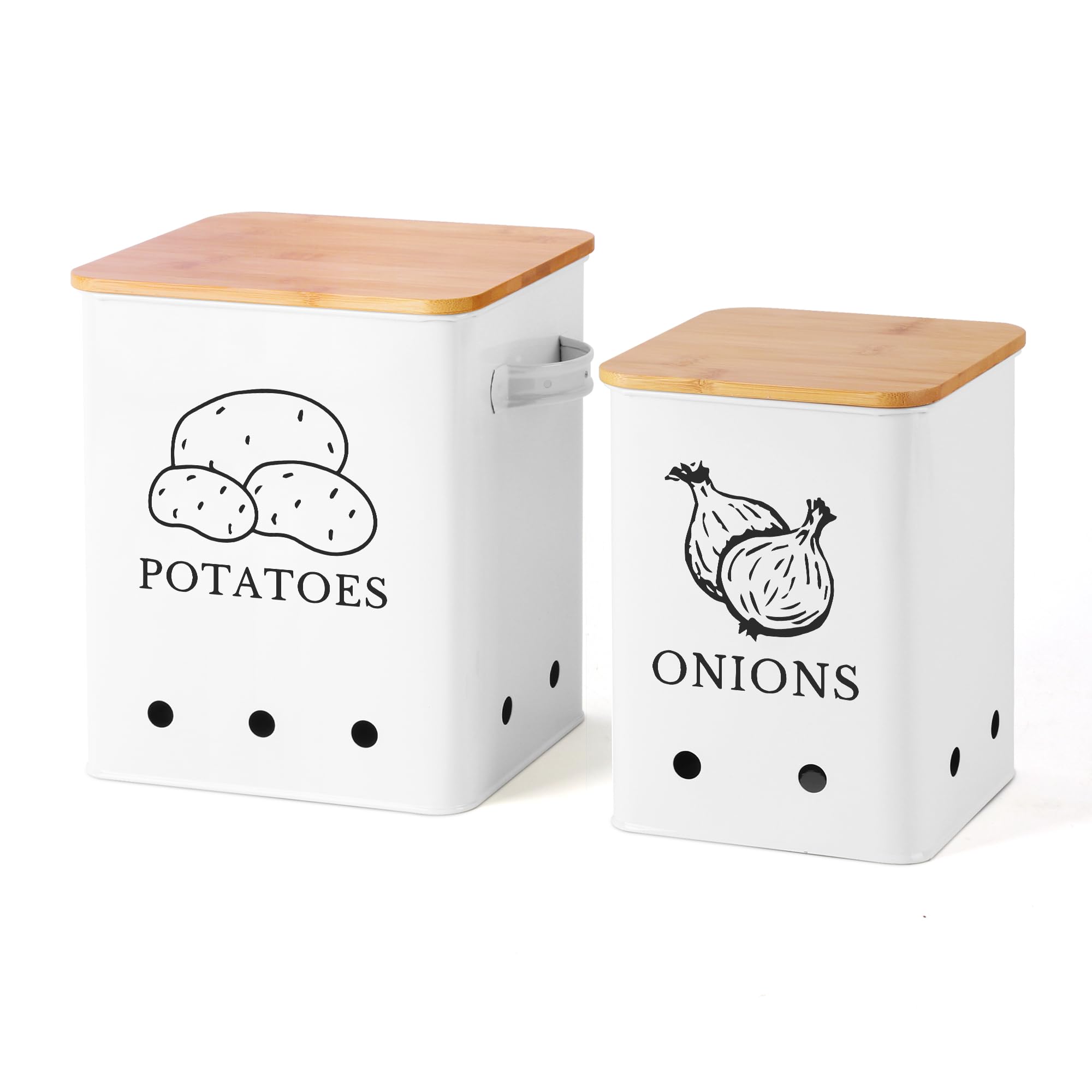 Candco Set of 2 White Vegetable Storage Tins with Wooden Lids for Potatoes, Onions, and Garlic - Long Shelf Life and Convenience