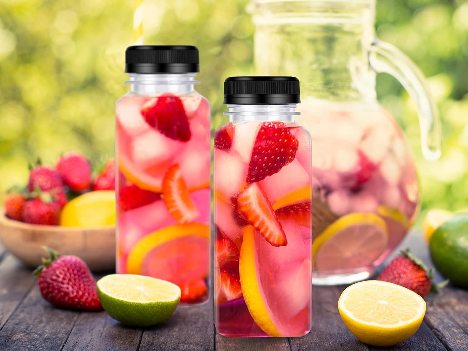 4 Pcs Plastic Juice Bottle, Reusable Drink Containers, For Juice, Milk, Smoothie And Other Drinks, With Black Lid, 8 OZ.