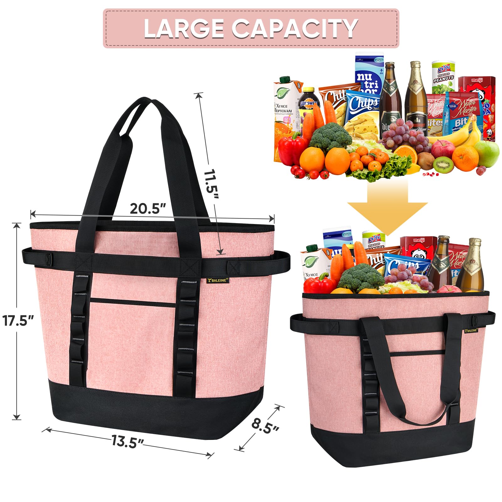 BALEINE Large 45-Can Cooler Bags Insulated, PEVA Soft Cooler Tote Bag, Insulated Grocery Bags with Zippered Top (10.5 Gallon, Grey)