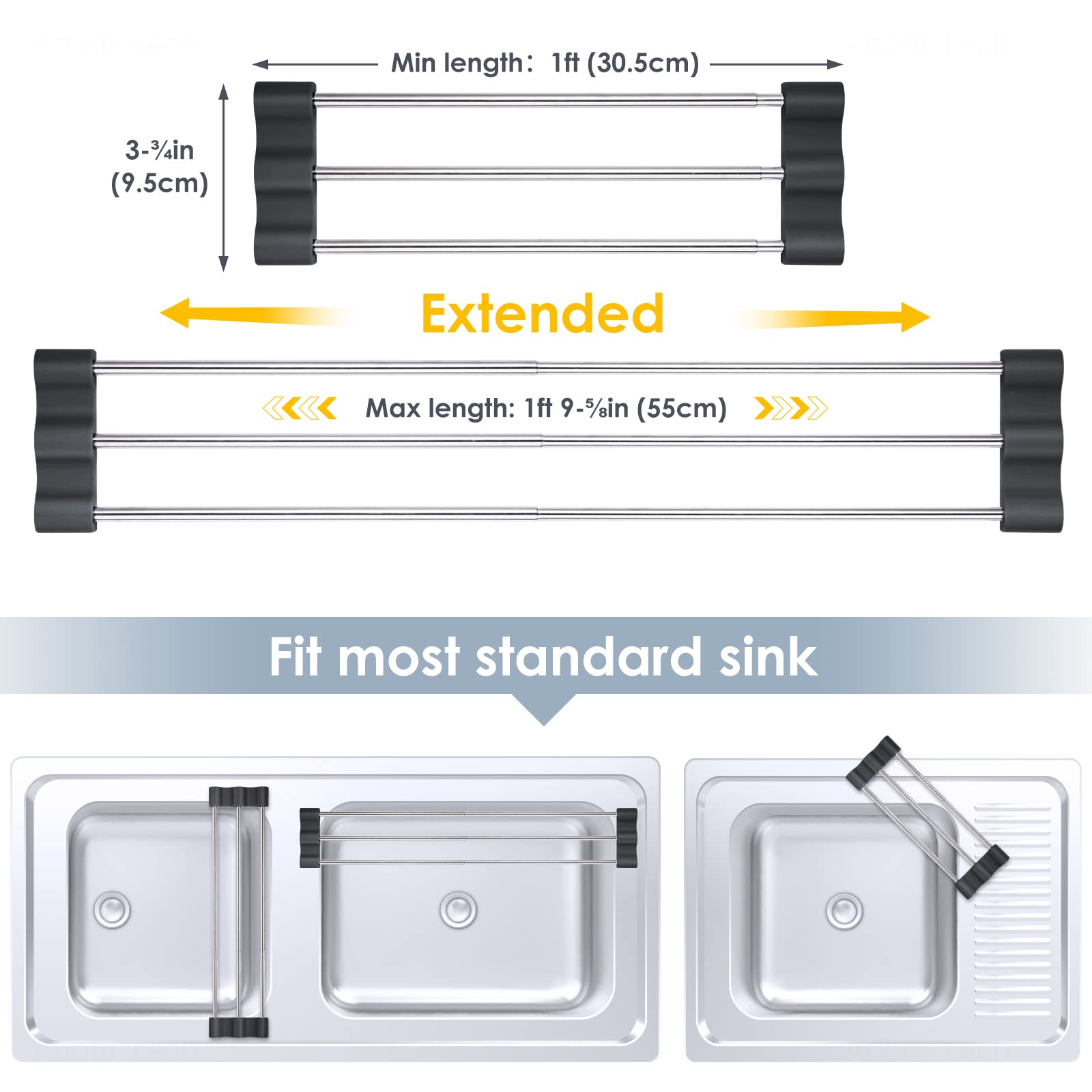 Tomorotec Adjustable Over-The-Sink Kitchen Rack for Dishcloths, Sponges, Bottles and Brushes - Heat-Resistant Stainless Steel with Slim, Expandable Design and Multifunctional Silicone Holder