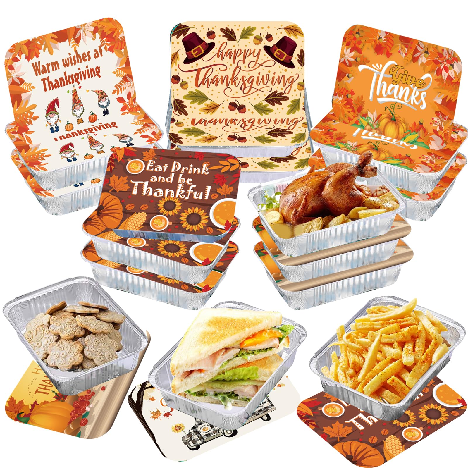 HABDJILTY 30 Thanksgiving Foil Food Containers with Lids Thanksgiving Treat Foil Containers Aluminum Treat Exchange & Goody Party Leftovers for Leftovers for Holiday Festival Thanksgiving