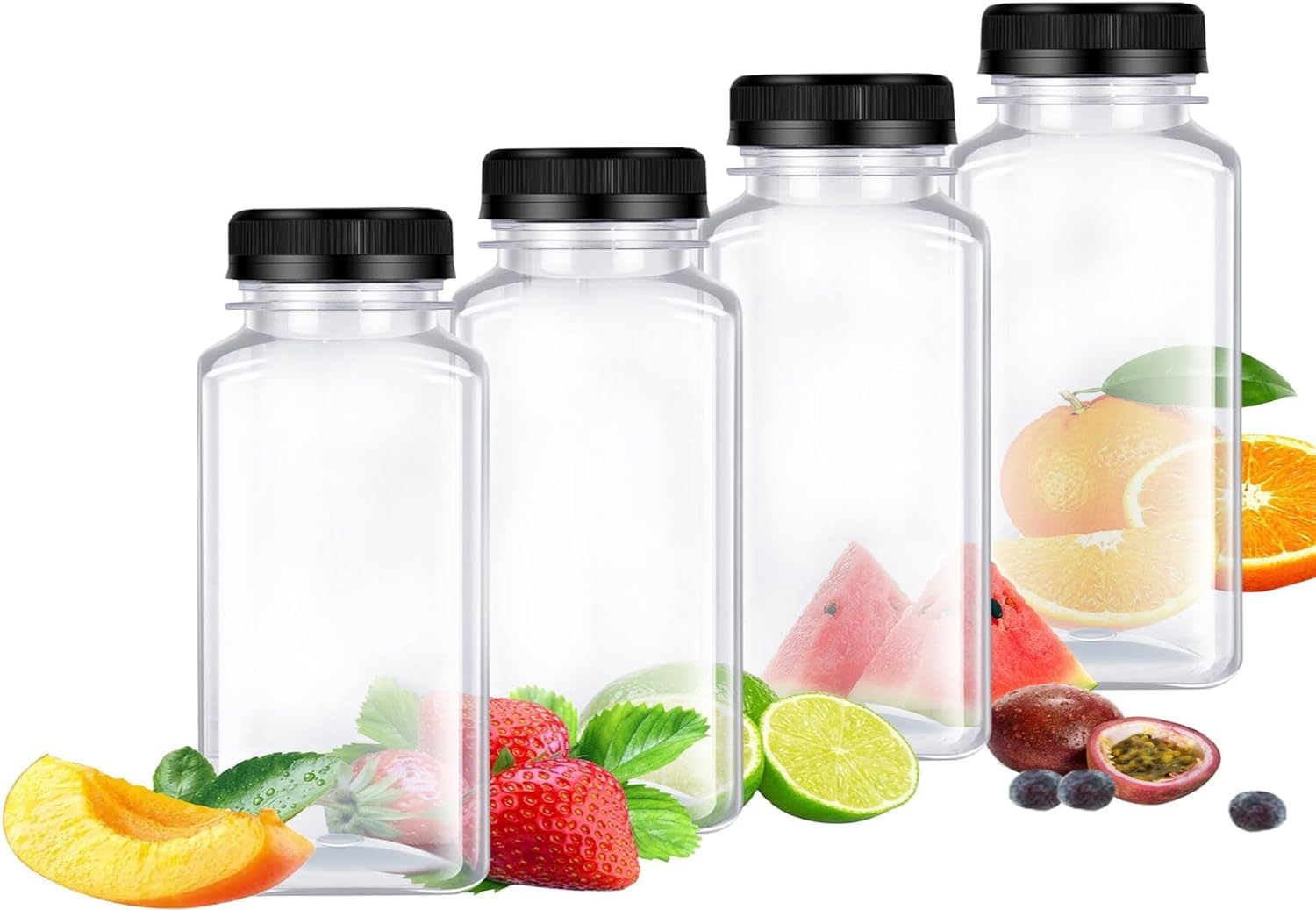 4 Pcs Plastic Juice Bottle, Reusable Drink Containers, For Juice, Milk, Smoothie And Other Drinks, With Black Lid, 8 OZ.