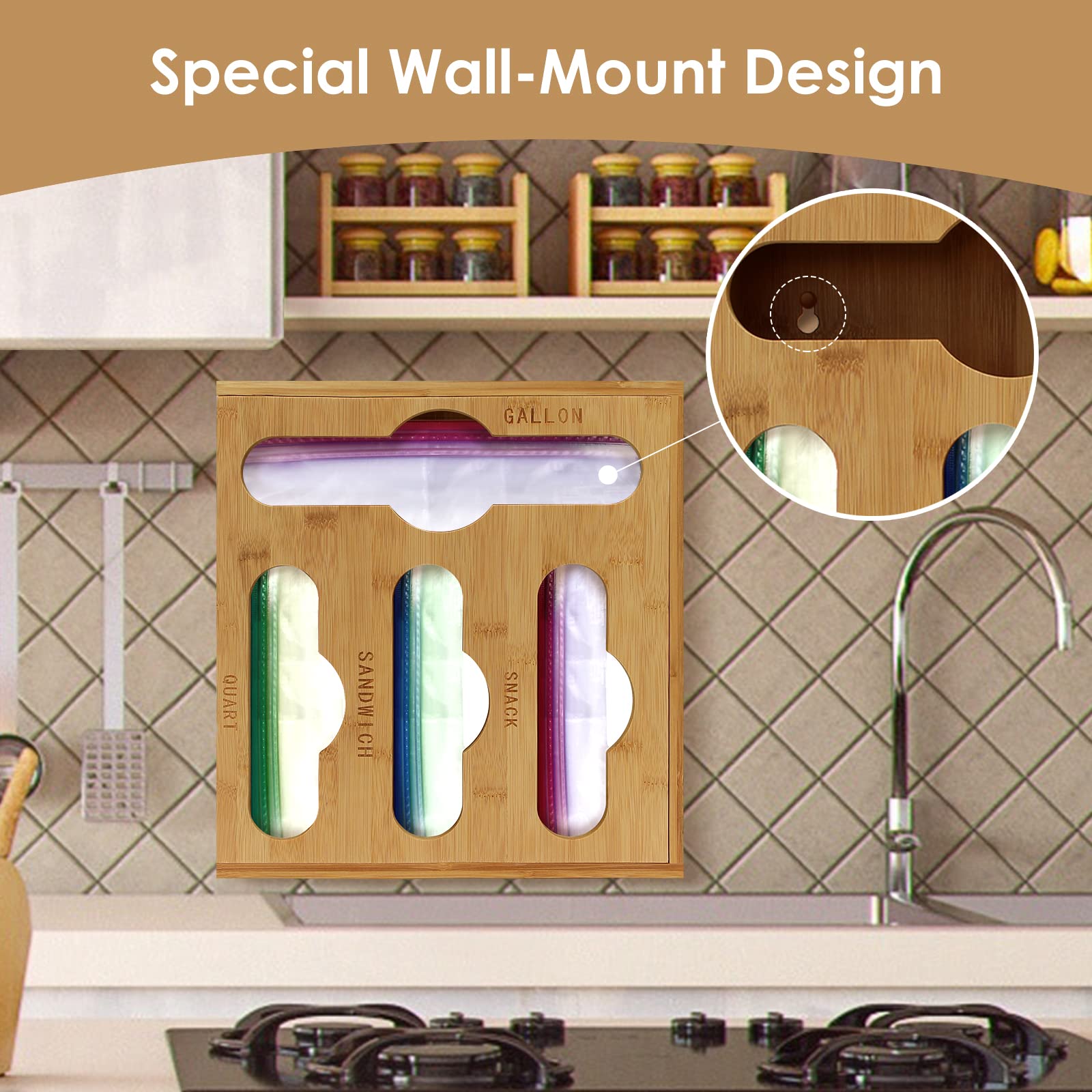Caredear Bag Storage Organizer for Kitchen Drawer - 12.8" x 12" x 3" Bamboo Bag Organizer, Wall Mount Organizer for Gallon, Quart, Sandwich, Snack, Slider