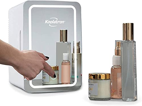 Koolatron Cosmetics Fridge w/Lighted Makeup Mirror, 6L Portable Skincare Refrigerator w/LED Ring Light, 12 Volt DC and 110 Volt AC Cords, Beauty Serum, Face Mask, Home, Travel, Hotel, Dorm, Office