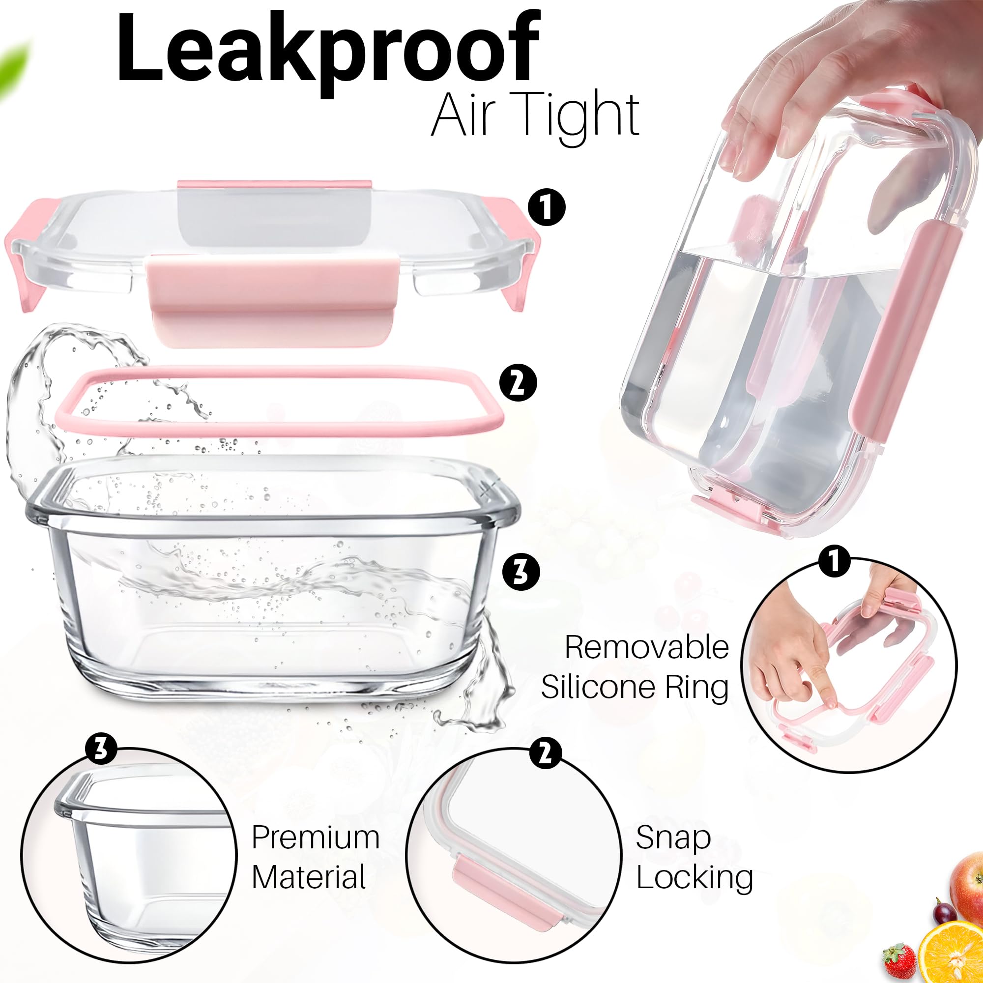 Glass Food Storage Containers 10 Packs - Eco Friendly Borosilicate Glass with BPA Free Locking Lids, Microwave Safe Prep Contaniers Set for Meal | Leakproof & Airtight Lunch Box for Kitchen (Pink)