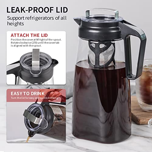 Sivaphe 2 Quart Cold Brewer Coffee Maker Deluxe Patented Manual Iced Loose-Tea Method 64oz Leak Proof Coffee Pitcher with 2 Removable Finish-Mesh Filters