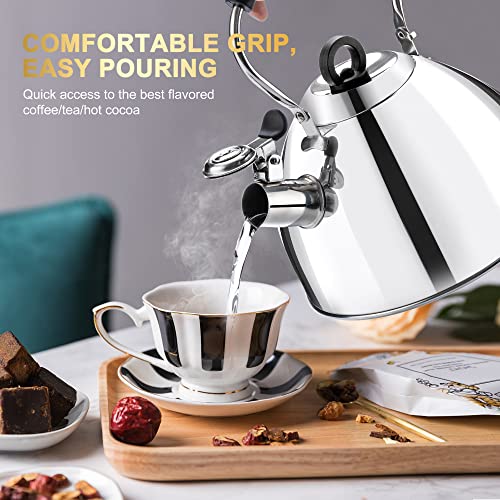 Tea Kettle Stovetop - HIHUOS 2.64QT Whistling Tea Pots for Stove Top - Sleek Teapots with Universal Base, Mirror Stainless Steel Teakettle with Cool Grip Bakelite Handle