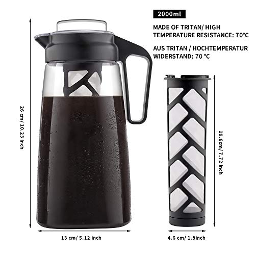 Sivaphe 2 Quart Cold Brewer Coffee Maker Deluxe Patented Manual Iced Loose-Tea Method 64oz Leak Proof Coffee Pitcher with 2 Removable Finish-Mesh Filters